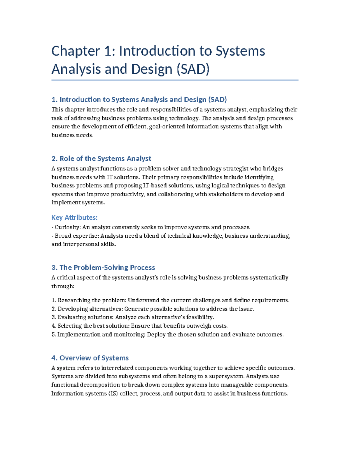 Summary for chapter 1,2 & 3 - Chapter 1: Introduction to Systems Analysis and Design (SAD) 1 ...