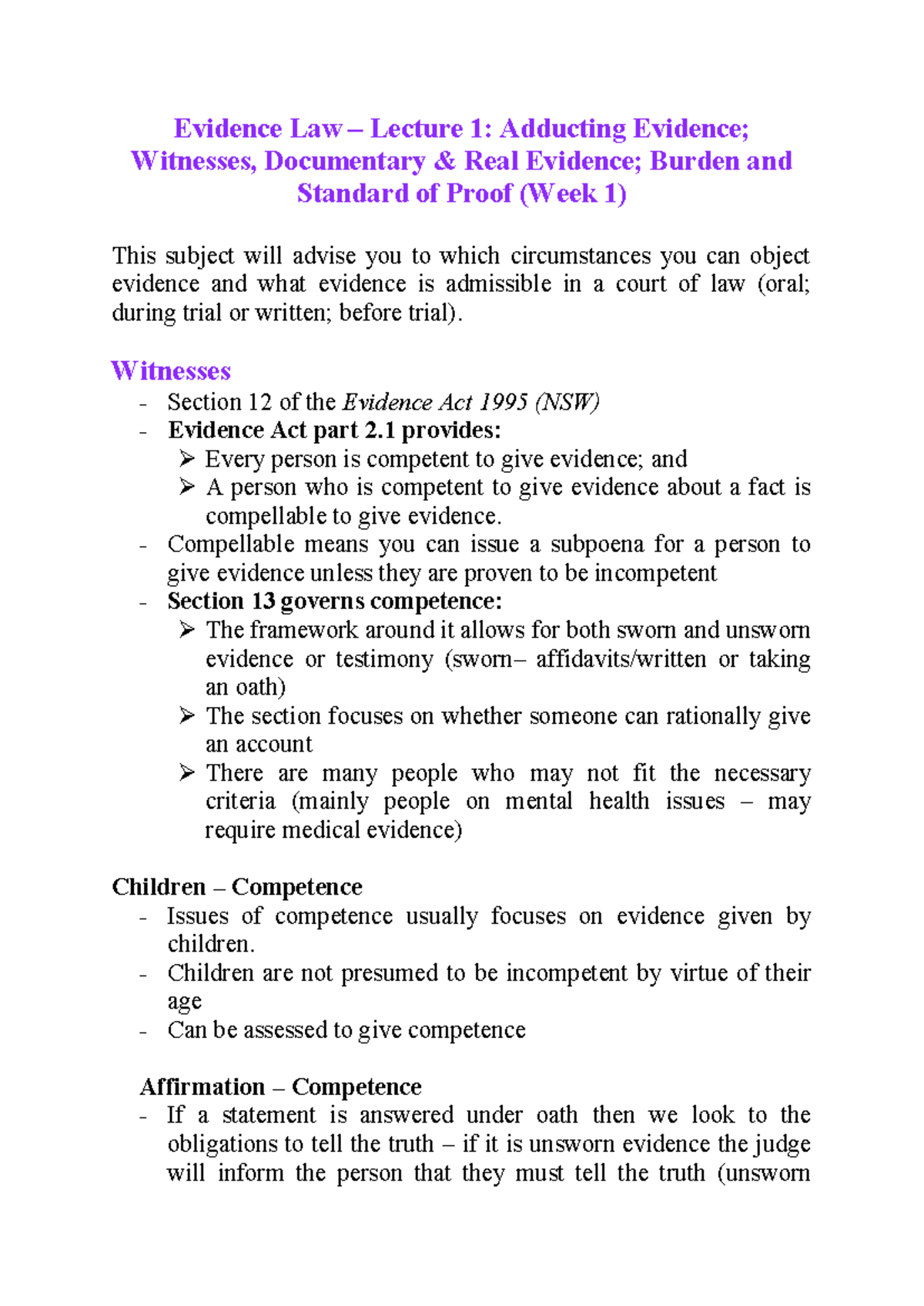 Evidence Law - Lecture 1 - Evidence Law – Lecture 1: Adducting Evidence ...