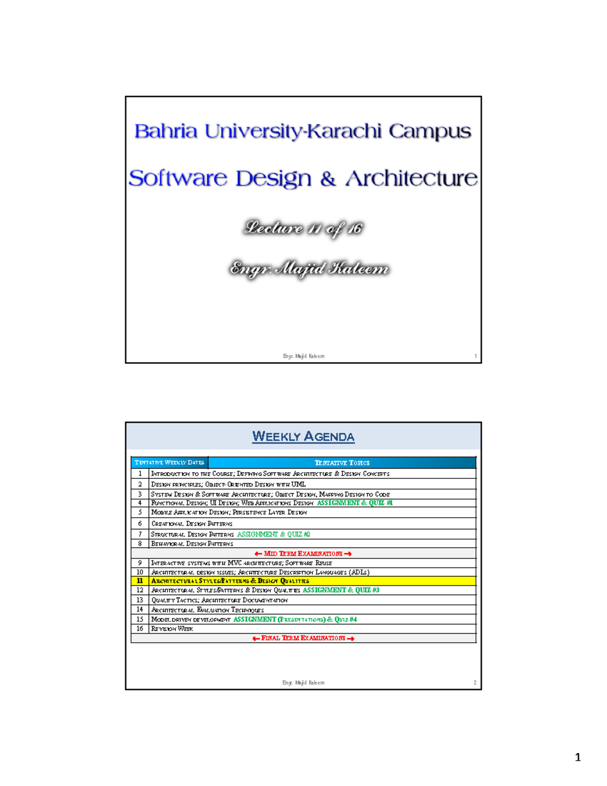 Spring 2023 Week 11 SDA - Software engineering (SEN220) - Engr. Majid Kaleem 1 Engr. Majid ...