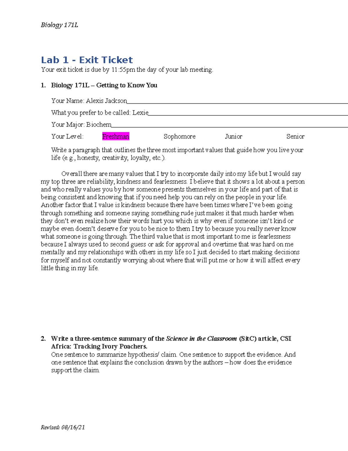 Chem161 Lab 1 - Exit Ticket Attendance - Biology 171L Lab 1 - Exit ...