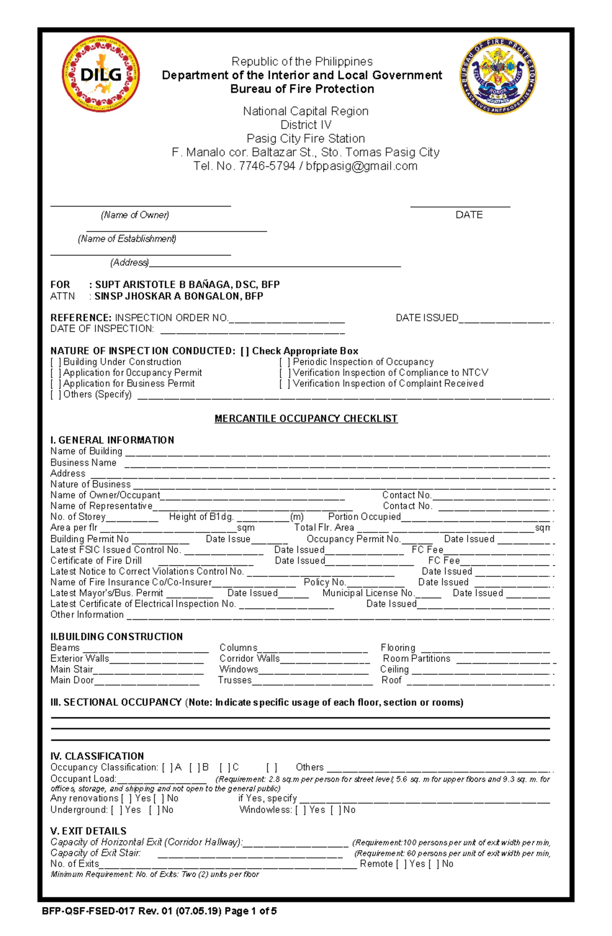 FSED 017 Checklist Mercantile Occupancy Rev01 070519 - Department of ...