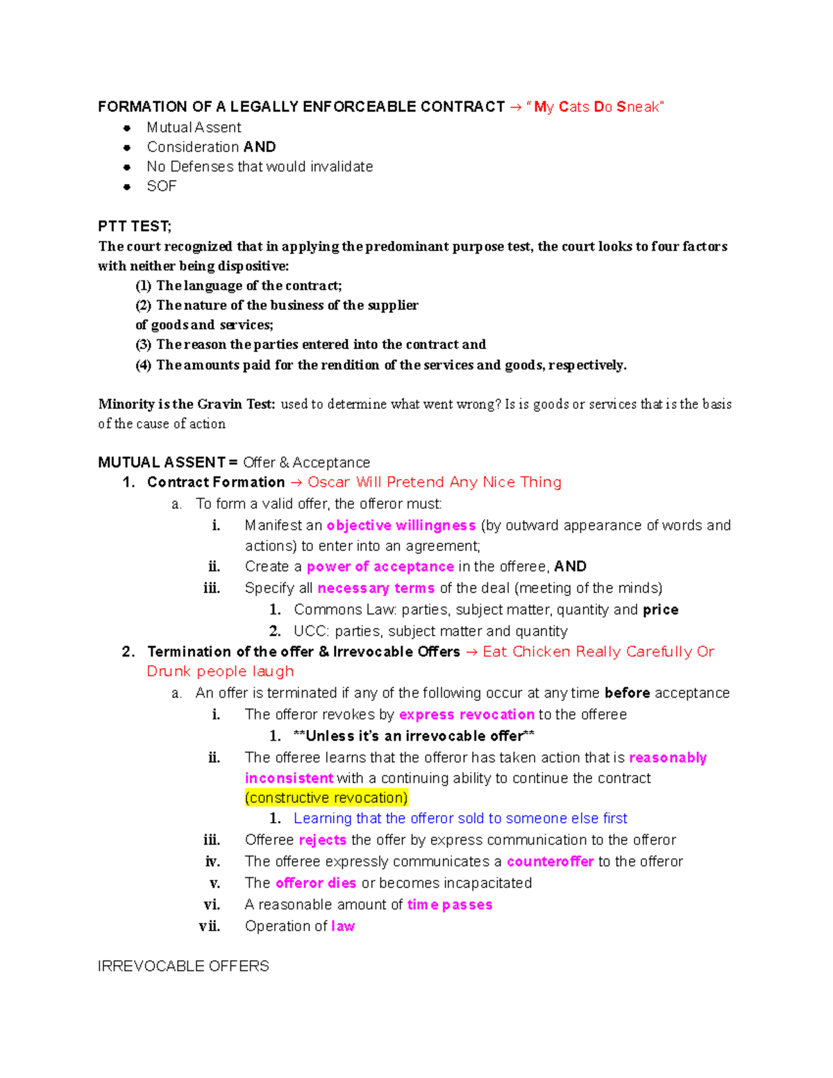 Contracts Final Attack Outline - FORMATION OF A LEGALLY ENFORCEABLE ...