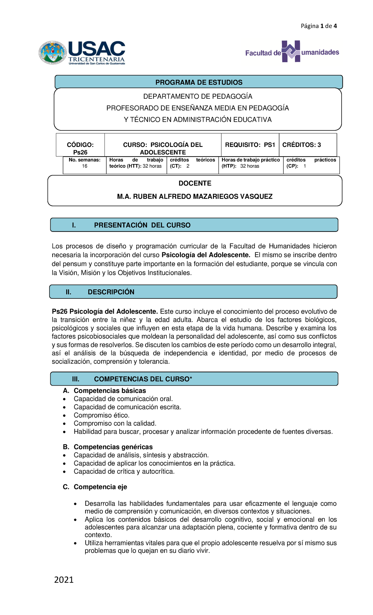 Programa Ps26 Psicología del adolescente Actualizado - No. semanas: 16 ...