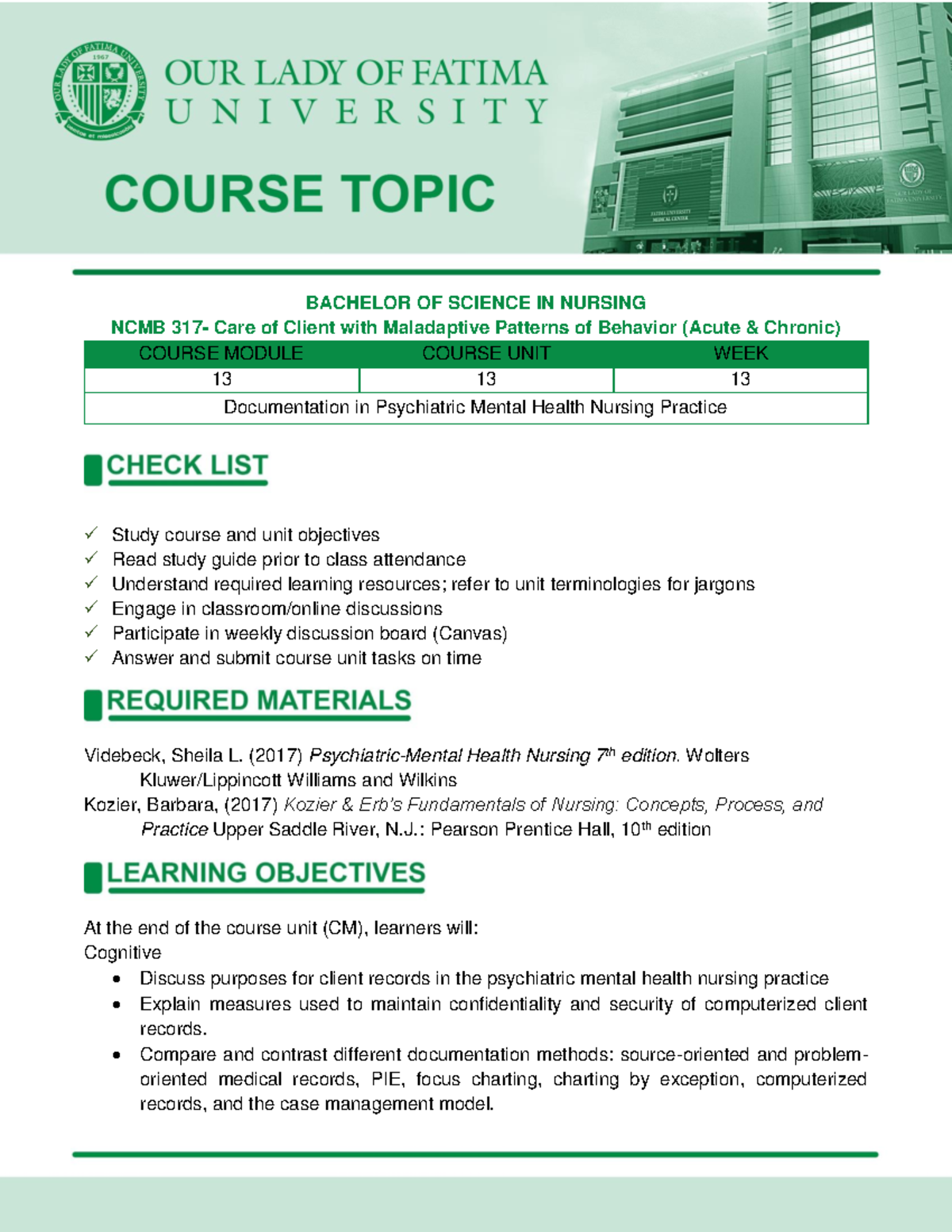 WEEK 13 Module-Documentation in Psychiatric Mental Health Nursing ...