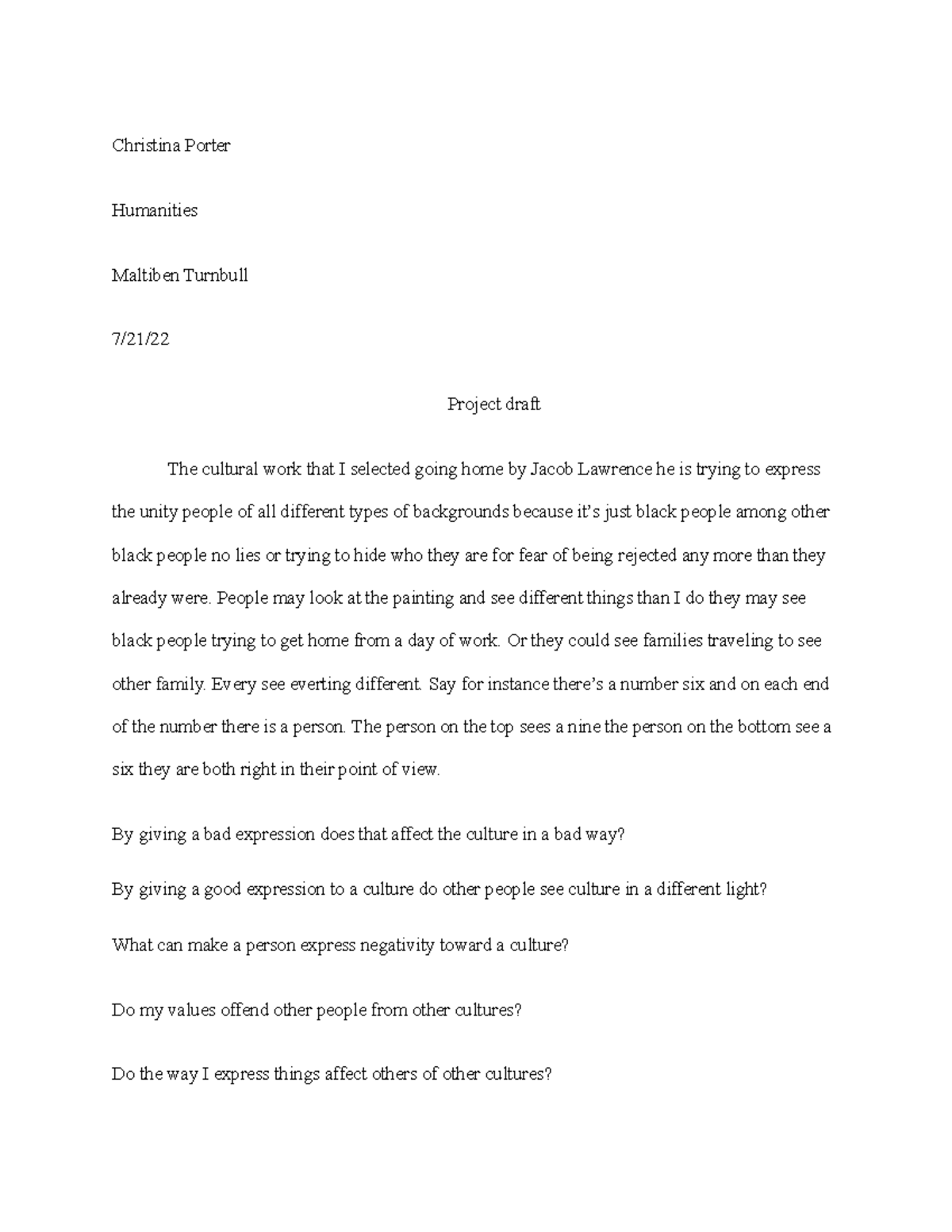 Module four project draft - Christina Porter Humanities Maltiben ...