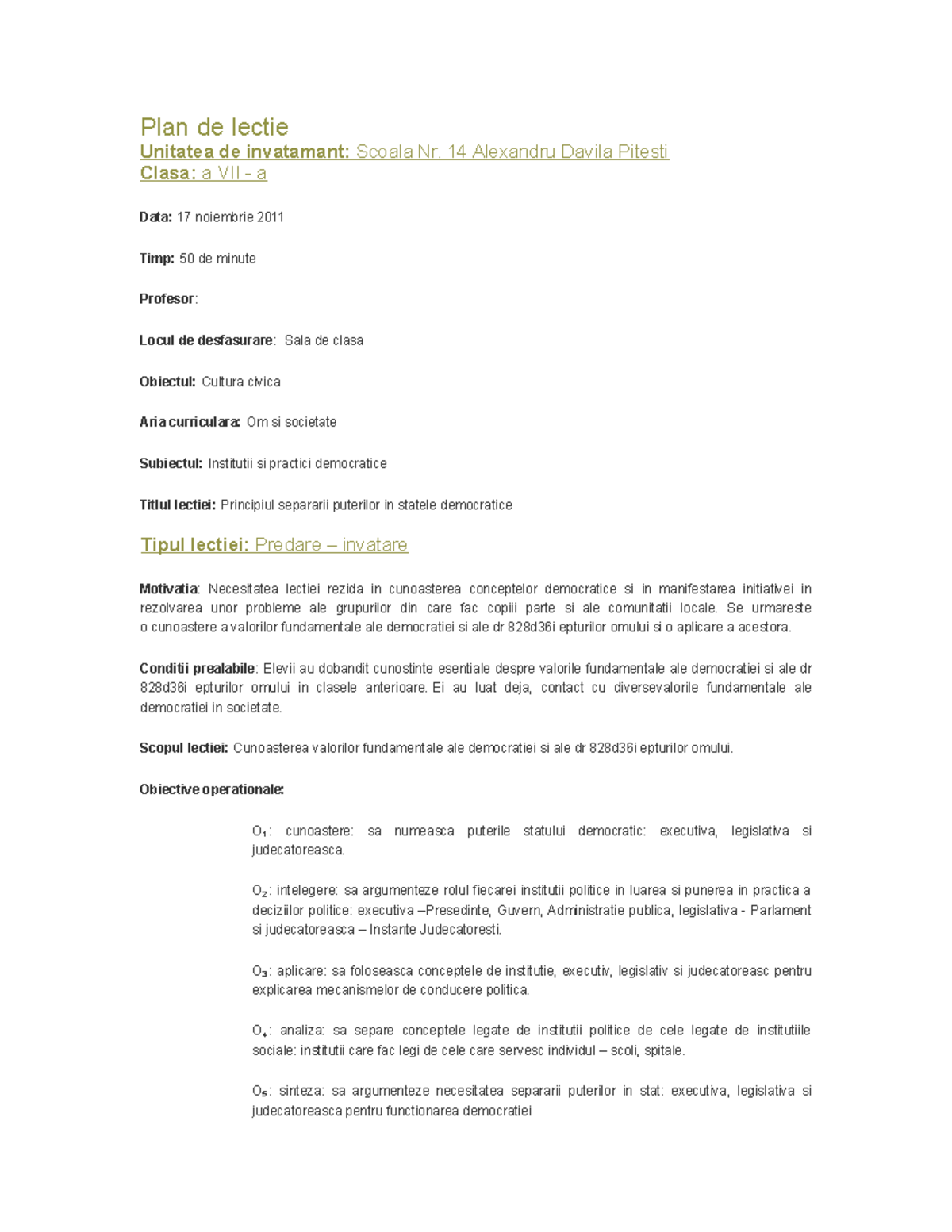 369593404 Plan de Lectie Cultura Civica Cl VII - Plan de lectie ...