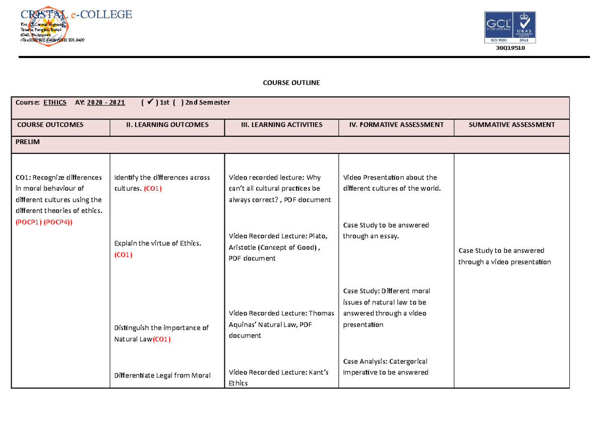 Course- Outline- Applied Ethics - COURSE OUTLINE Course: ETHICS AY ...