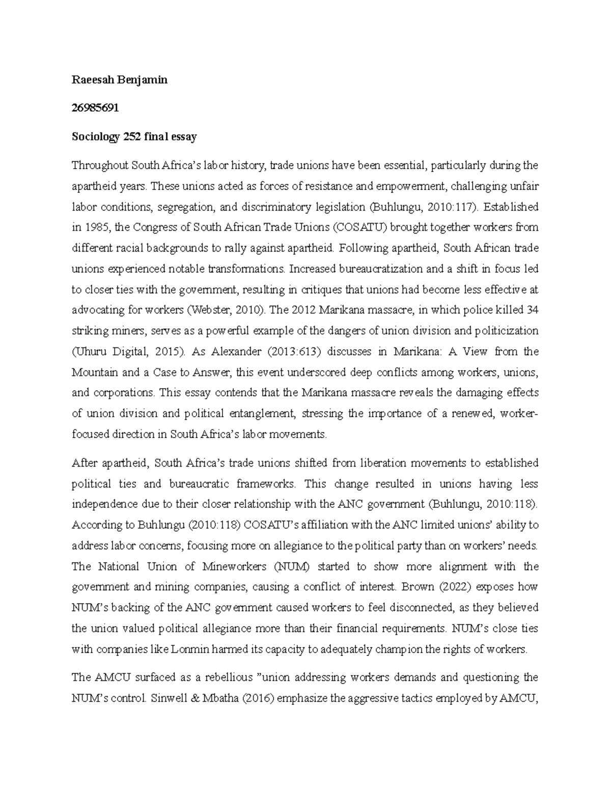 R. Benjamin 26985691 Sociology 252 final essay (3 - Raeesah Benjamin ...