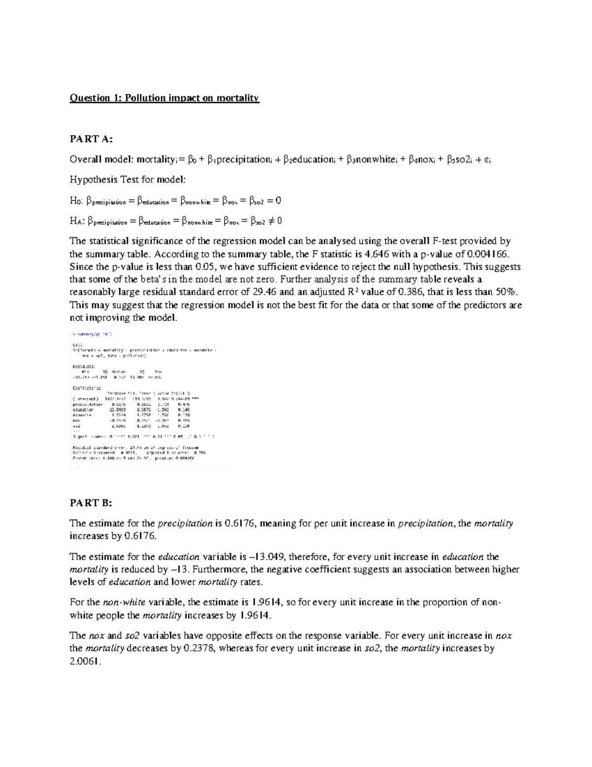 STAT2008 - Assignment 2 - Question 1: Pollution impact on mortality PART A: Overall model: - Studocu