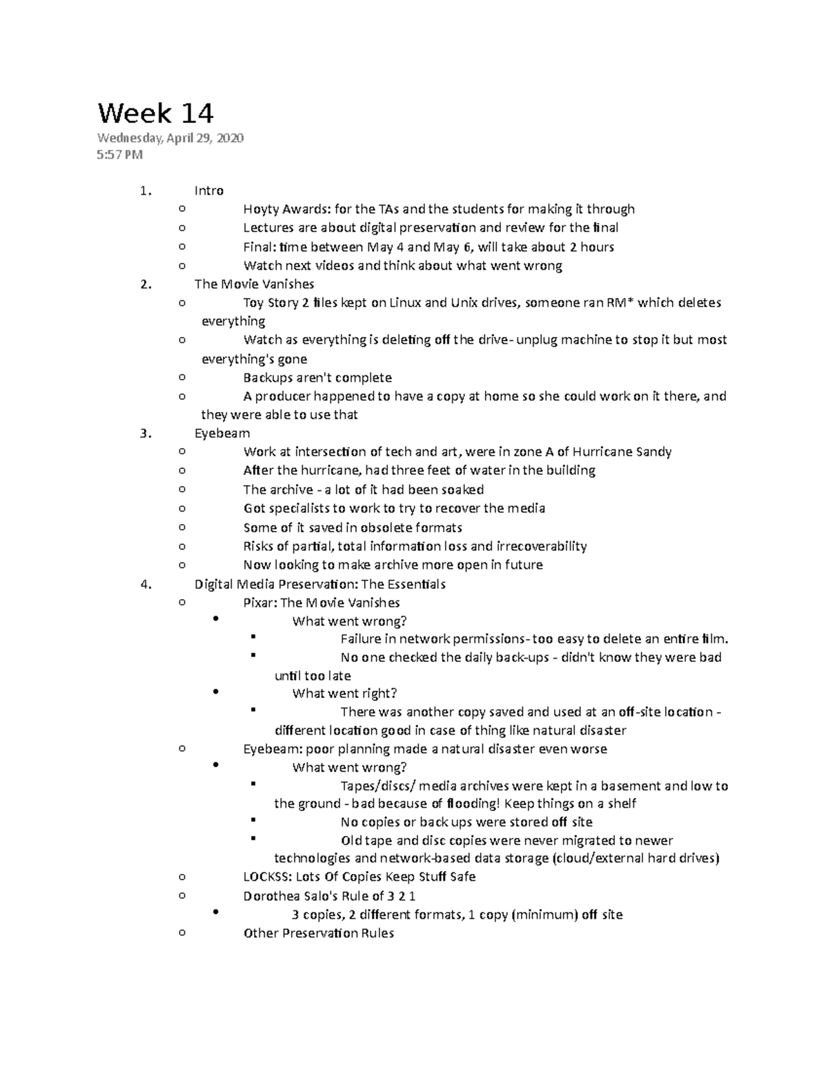 Week 14 Lecture notes - Week 14 Wednesday, April 29, 2020 5:57 PM Intro ...