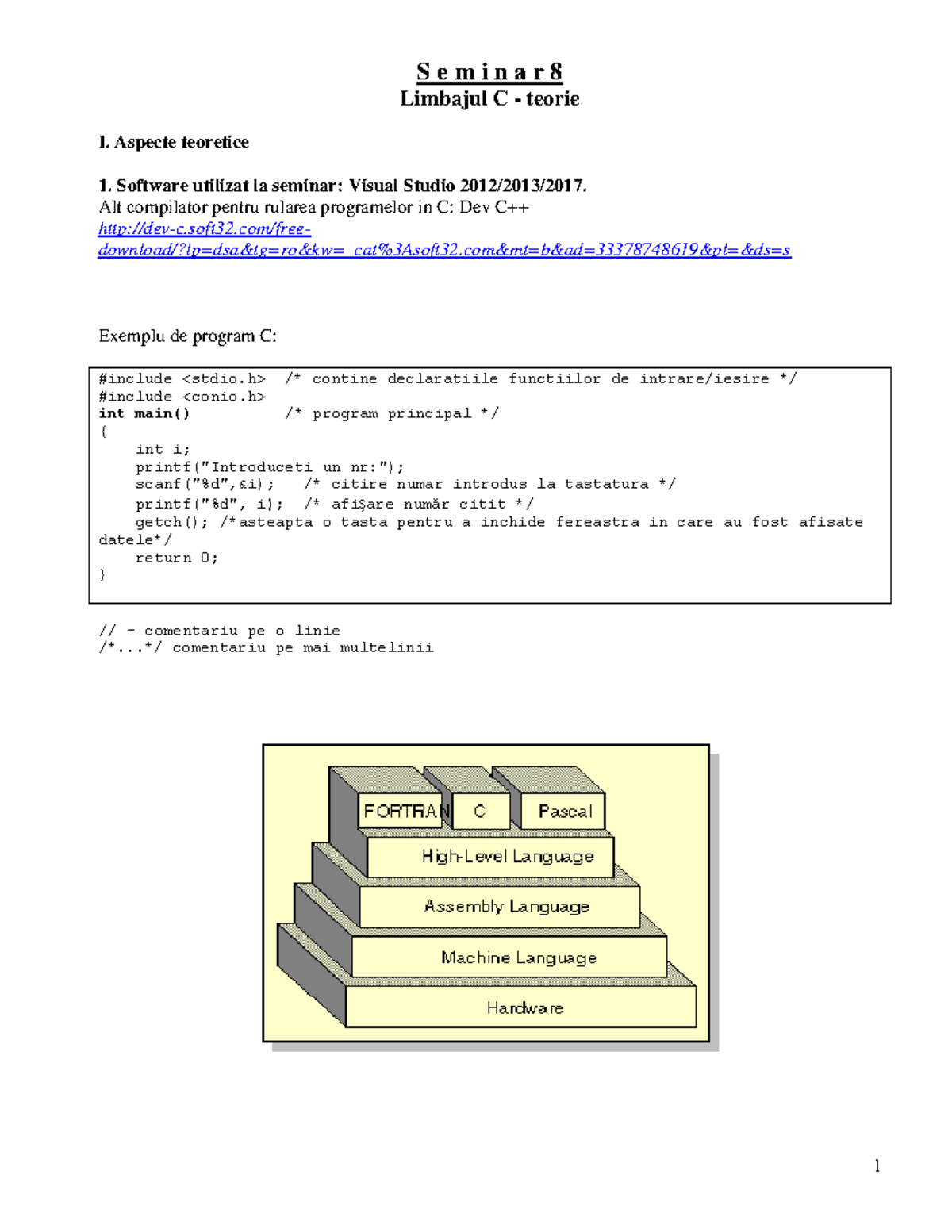 Sem 07 - Aspecte teoretice C - S e m i n a r 8 Limbajul C - teorie I ...
