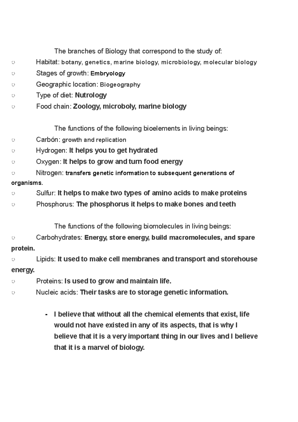 Excercice 5 option 1 life science - The branches of Biology that ...