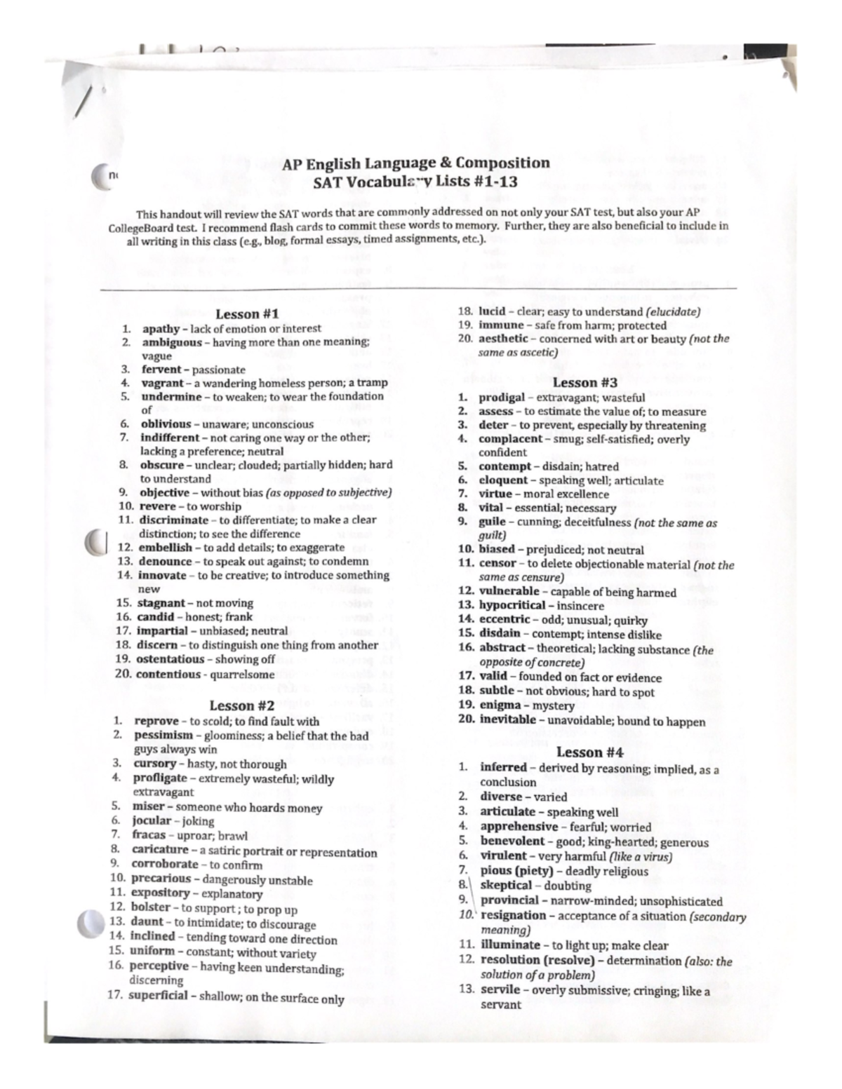 AP SAT Vocabulary Lists - ENG 211 - Studocu