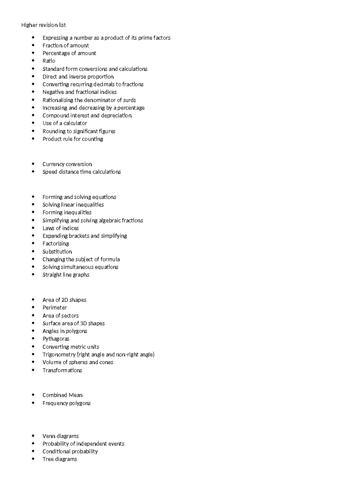 Y10 Higher revision list June 2024 - Higher revision list Expressing a ...