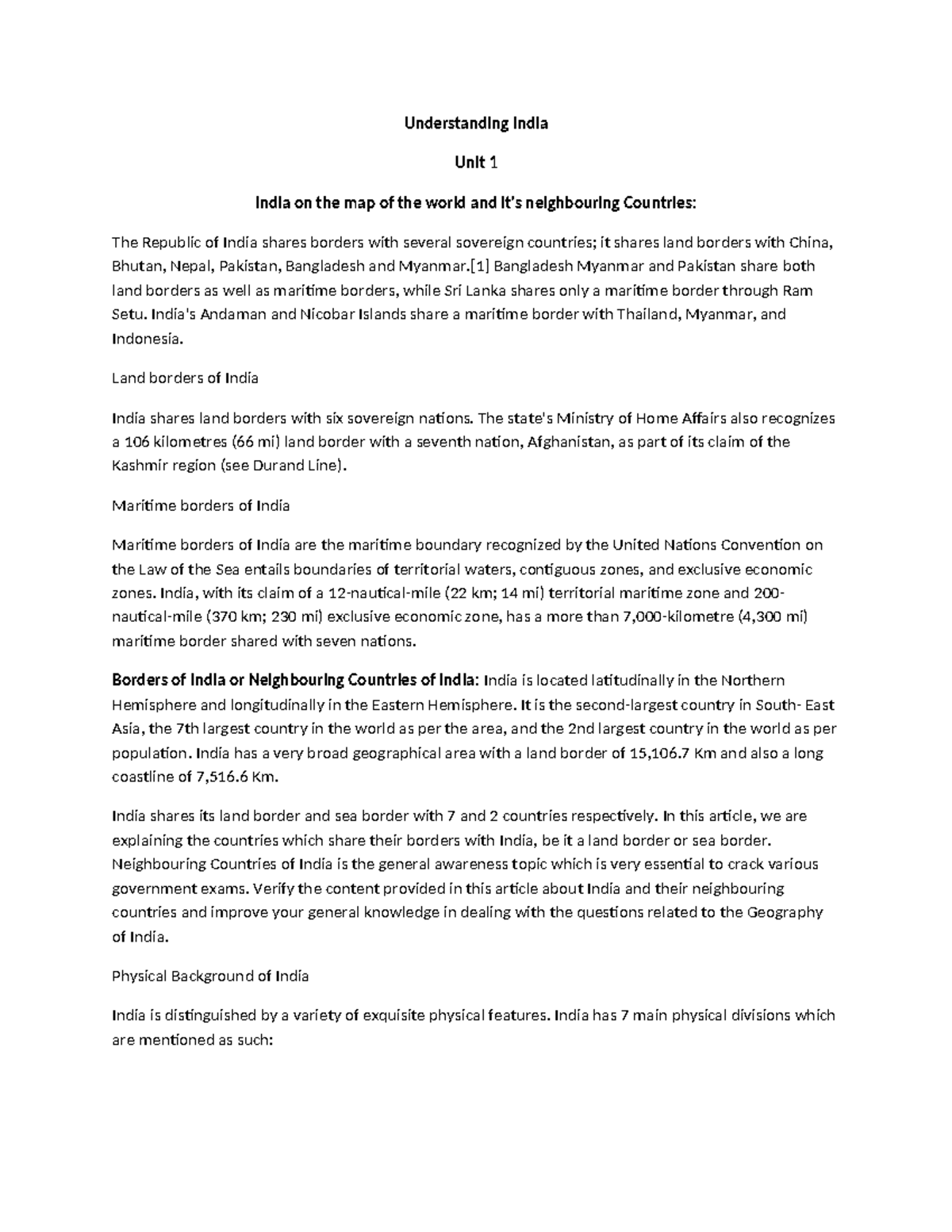 Understanding India I-WPS Office - Understanding India Unit 1 India on ...