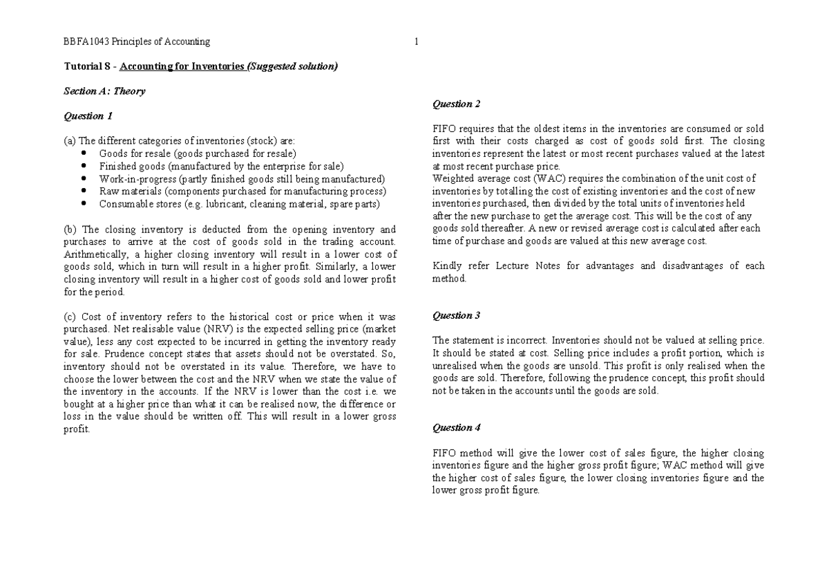 T8 Answer - Tutorial 8 - Accounting for Inventories (Suggested solution ...