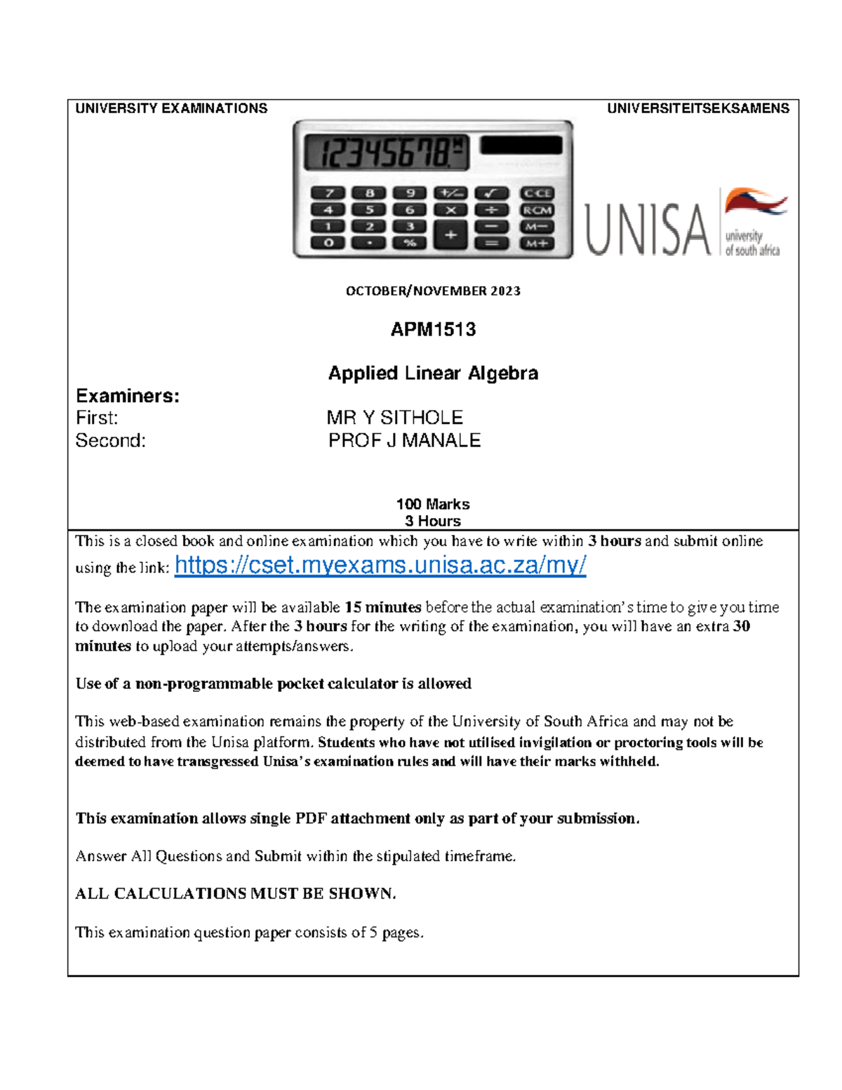 APM1513 OCT EXAM 2023 - OCT EXAM - UNIVERSITY EXAMINATIONS ...