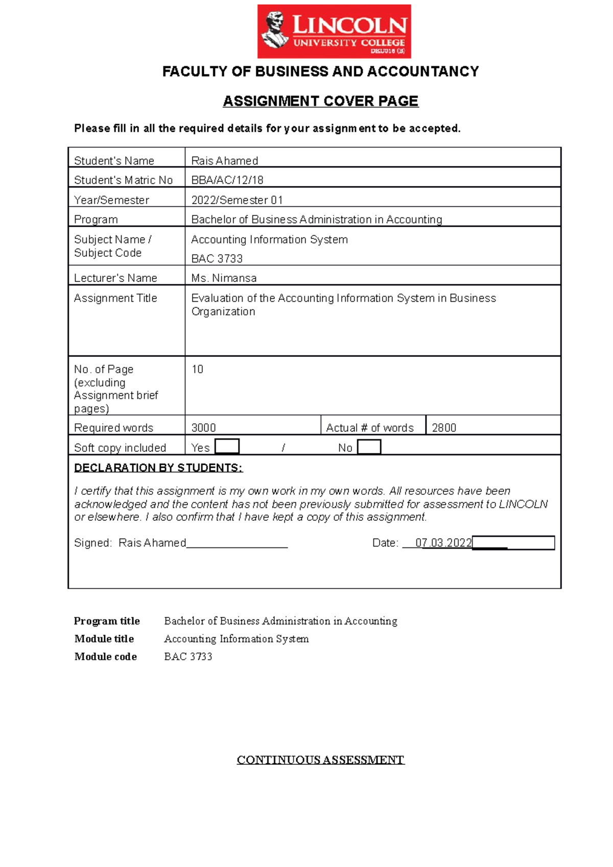 BBA. Accounting- AIS Assignment Brief - FACULTY OF BUSINESS AND ...
