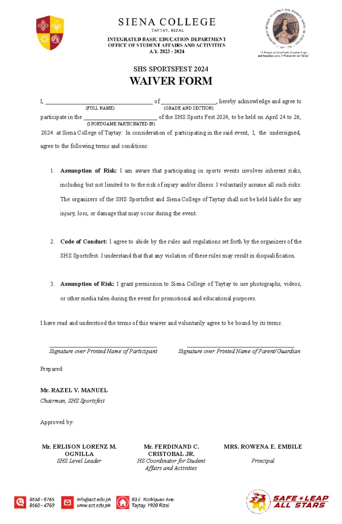 Waiver-SHS- Sportsfest - SHS SPORTSFEST 2024 WAIVER FORM I