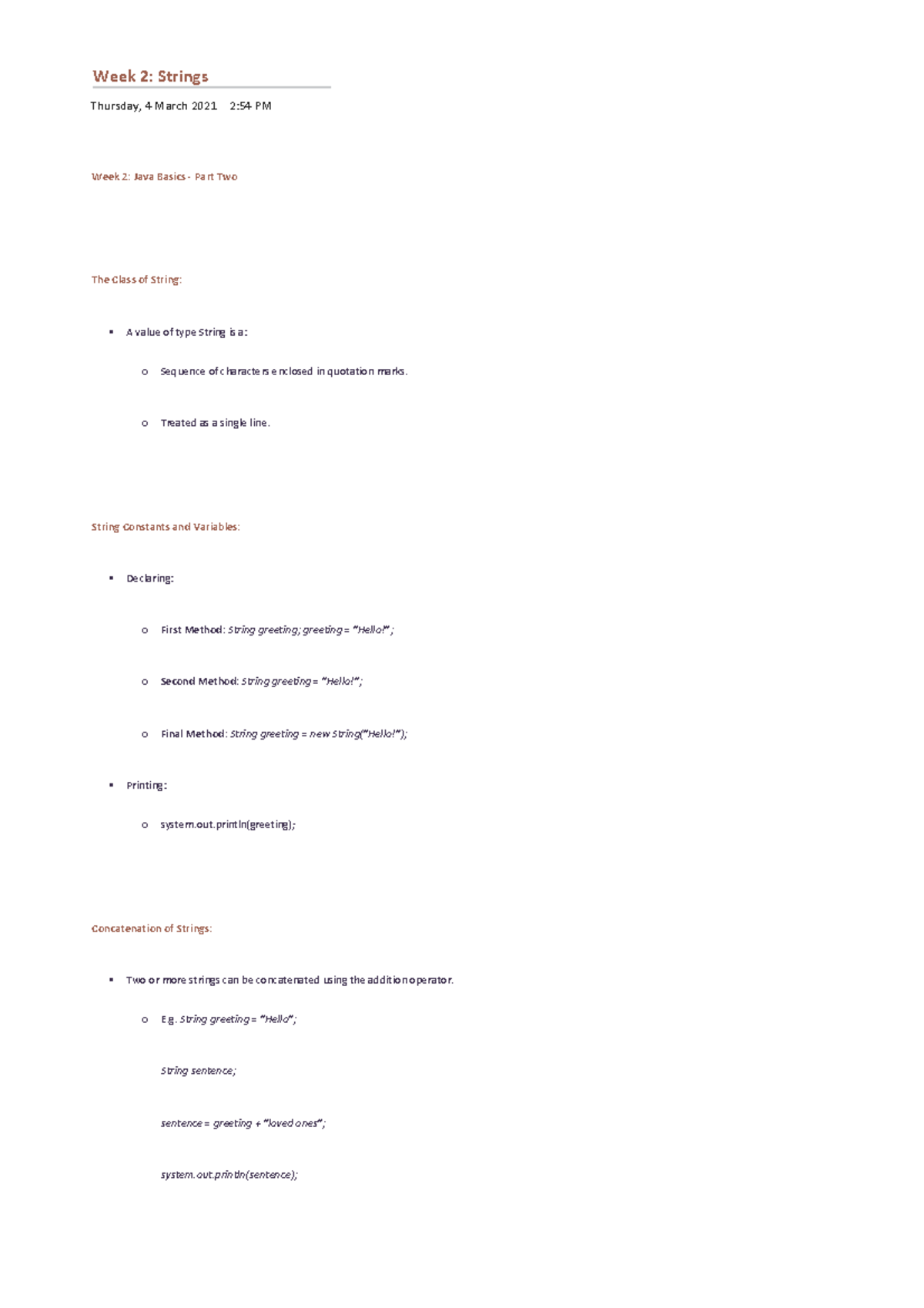 SENG1110 - Week 2 - Strings - Week 2: Strings Thursday, 4 March 2021 2:54 PM Week 2: Java Basics ...