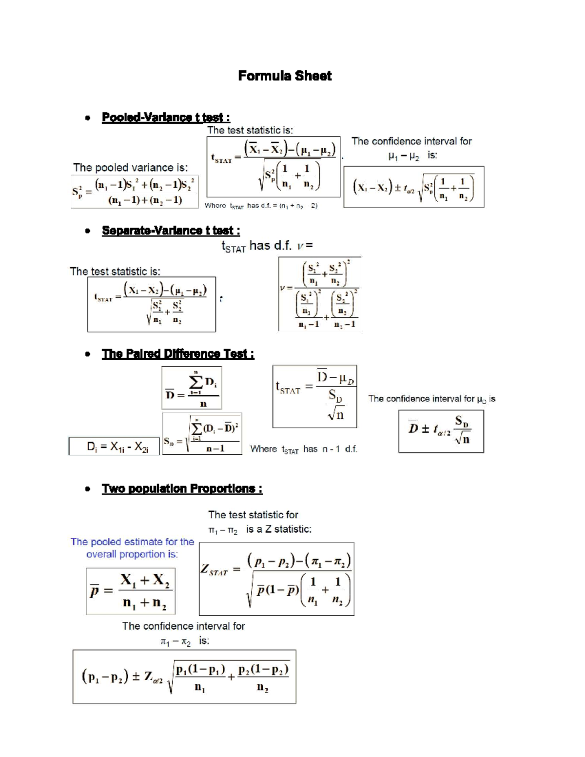 Formula Sheet - may help u - Statistics 2 - Studocu