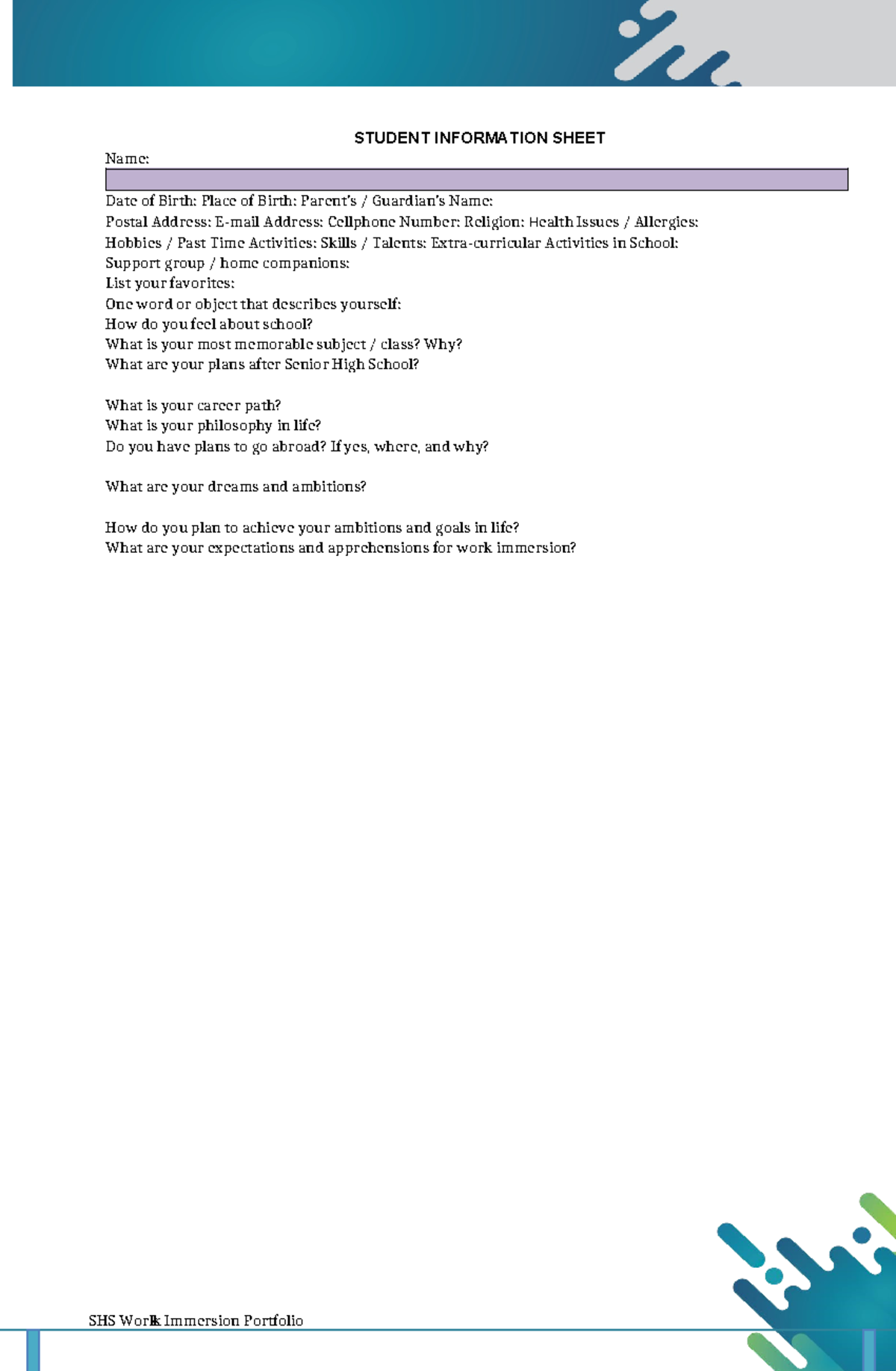 522673667 WORK Immersion Students Profile - SHS Workk Immersion ...