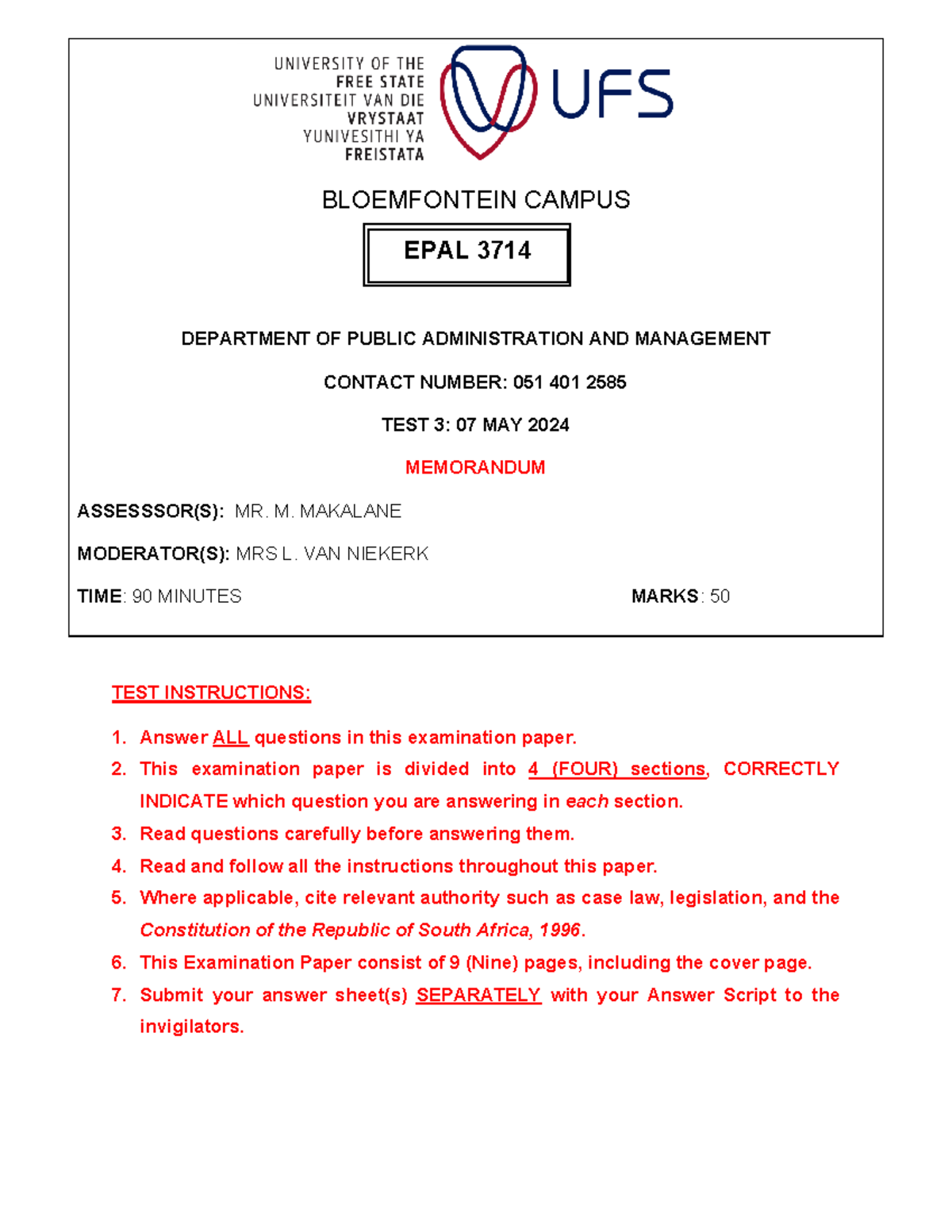 Test 3 2024 MEMO - MEMORANDUM - TEST INSTRUCTIONS: Answer ALL questions ...