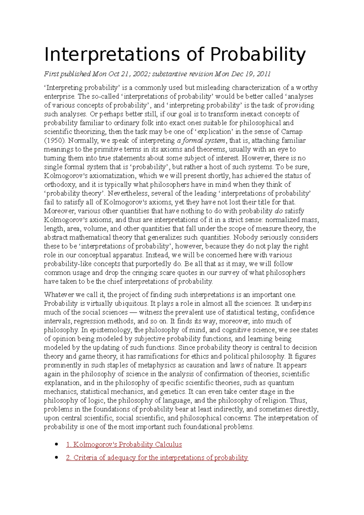 Interpretations of Probability - The so-called ‘interpretations of ...