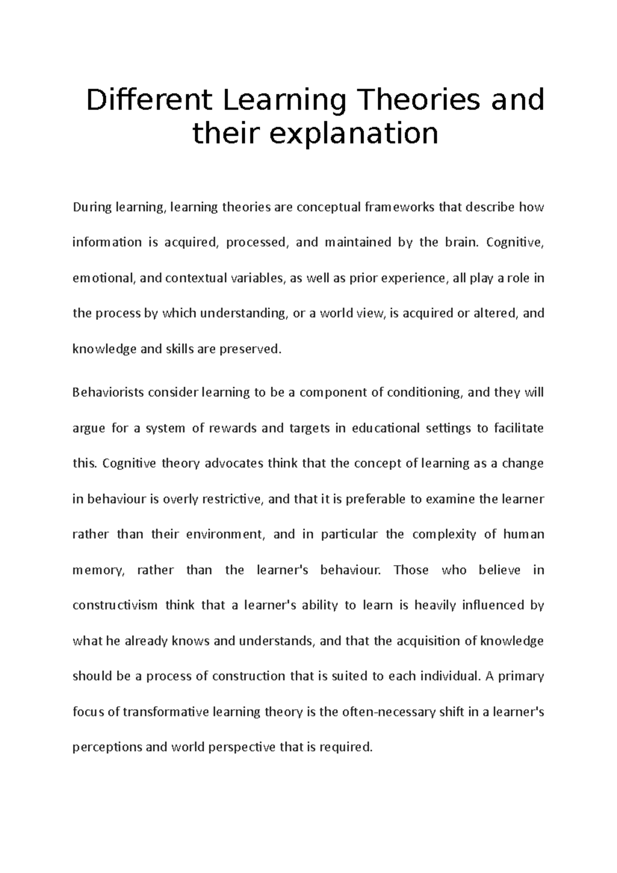 Different Learning Theories and their explanation - Teacher Education ...