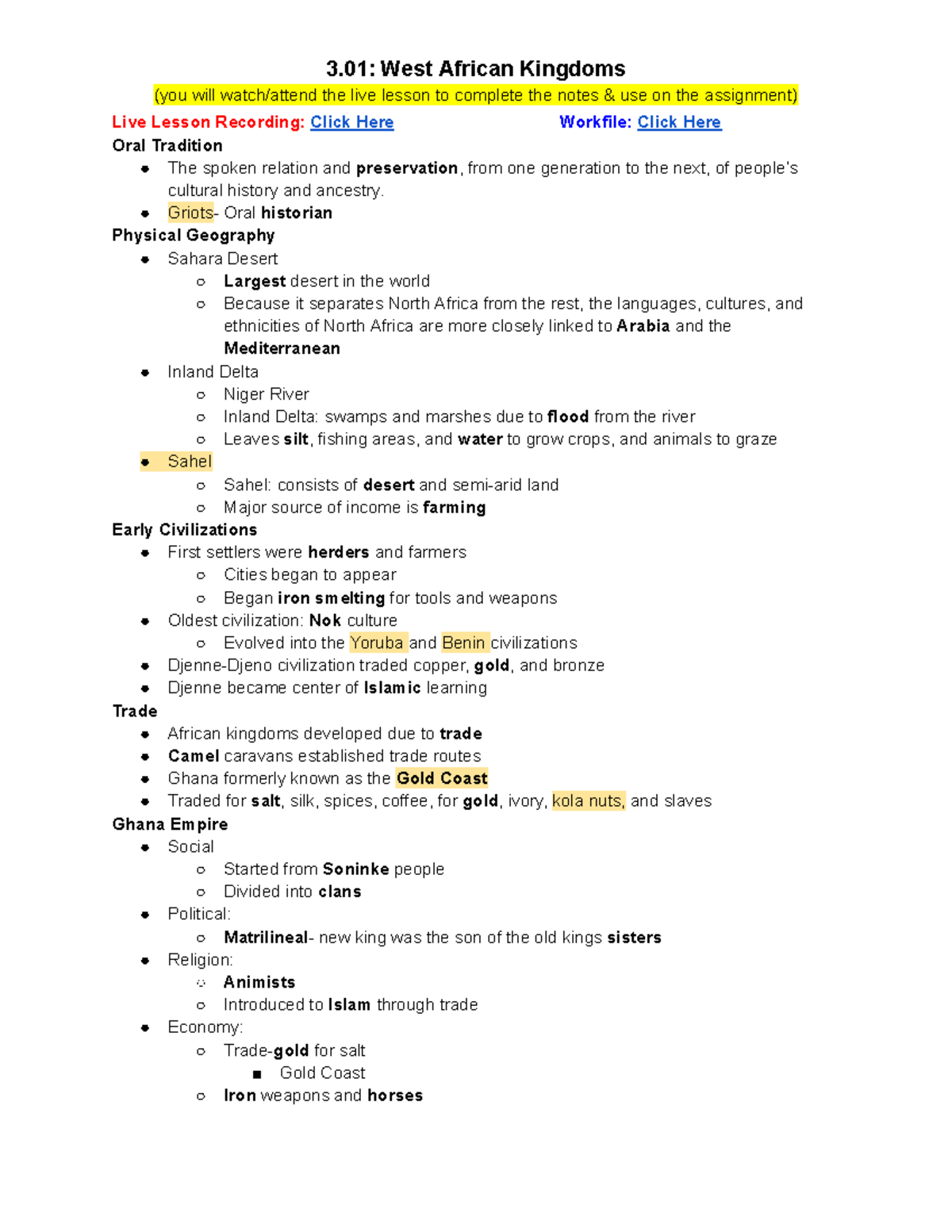 WH 3.01 Live Lesson Notes - 3: West African Kingdoms (you will watch ...