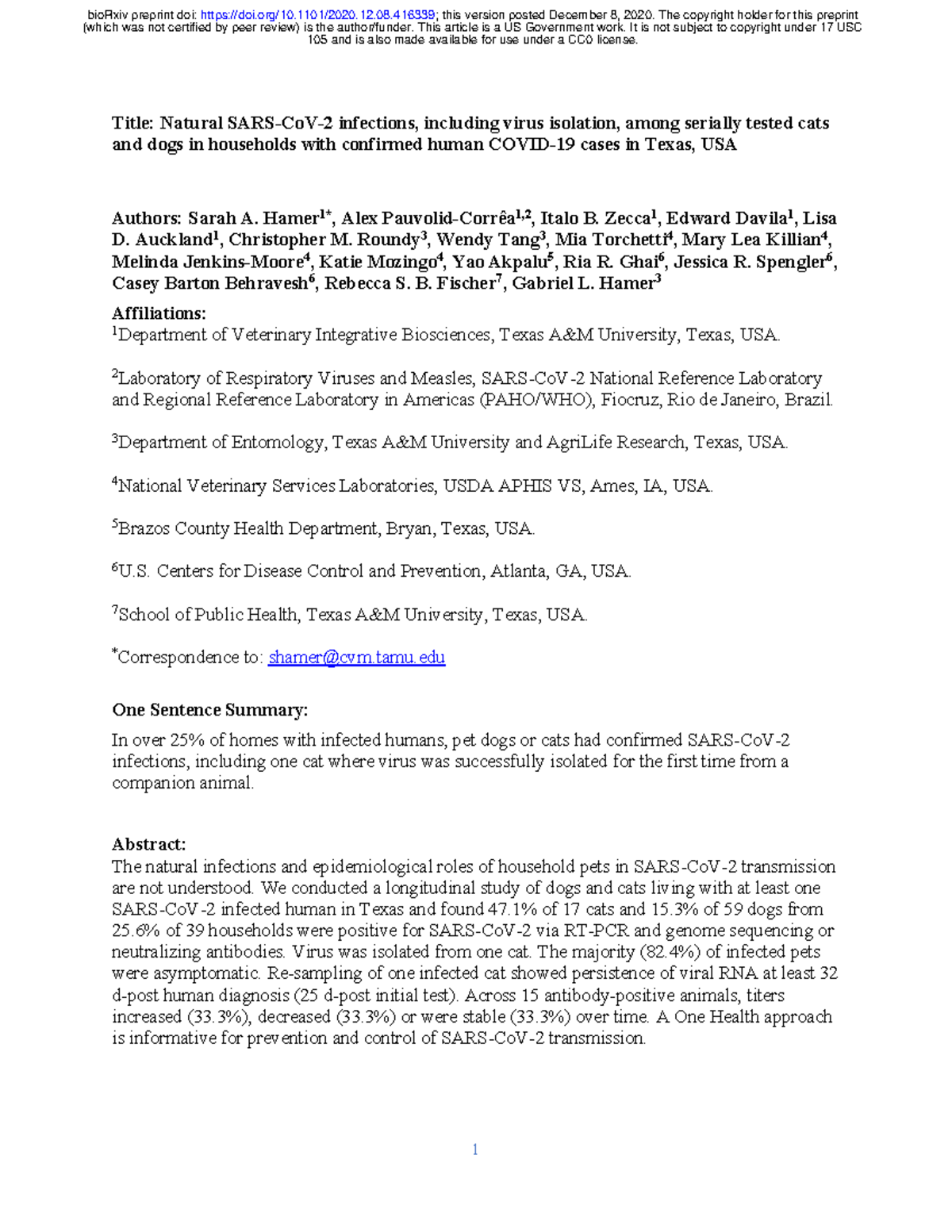 Natural SARS-Co V-2 infections in cats and dogs in Texas, USA - Title ...