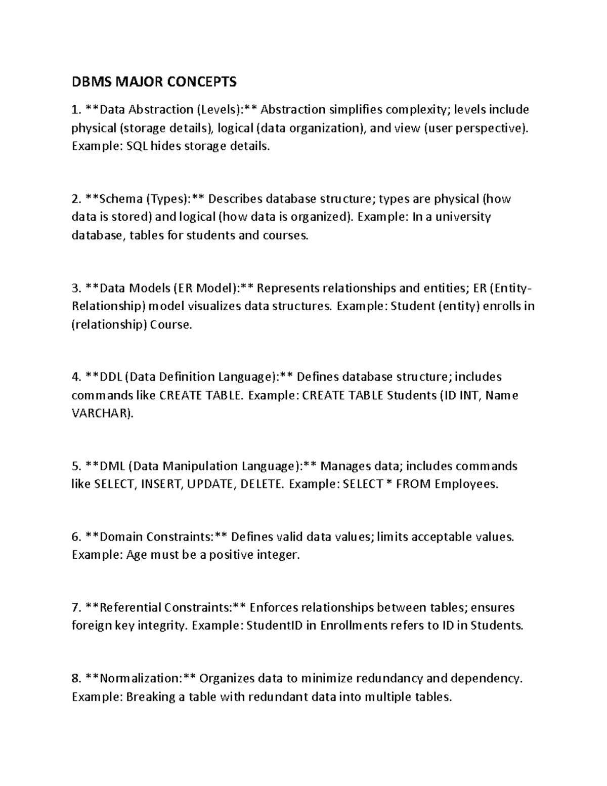 DBMS Major Concepts - Summary Management Information Systems - DBMS MAJOR CONCEPTS Data ...