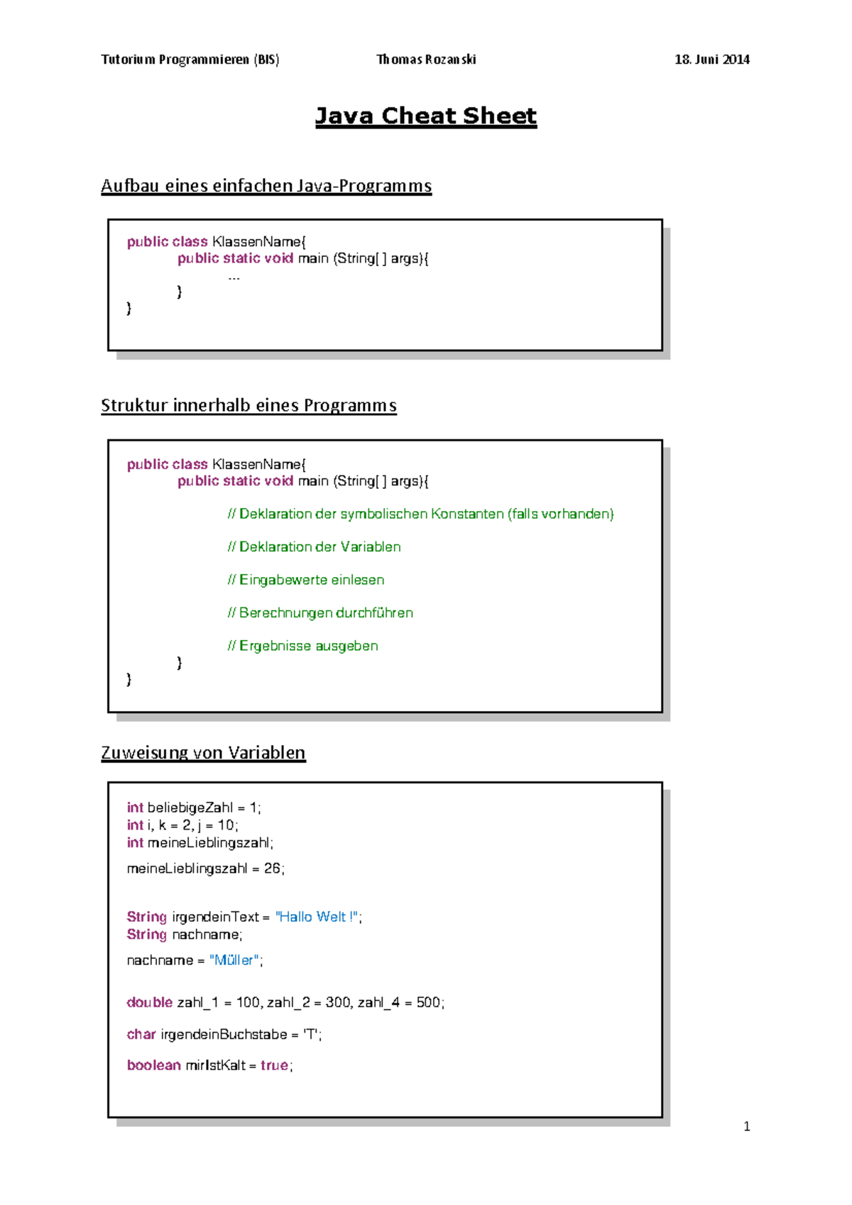 Cheat Sheet - Ein java Spickzettel wo man sich damit orientieren kann - Java Cheat Sheet Aufbau ...