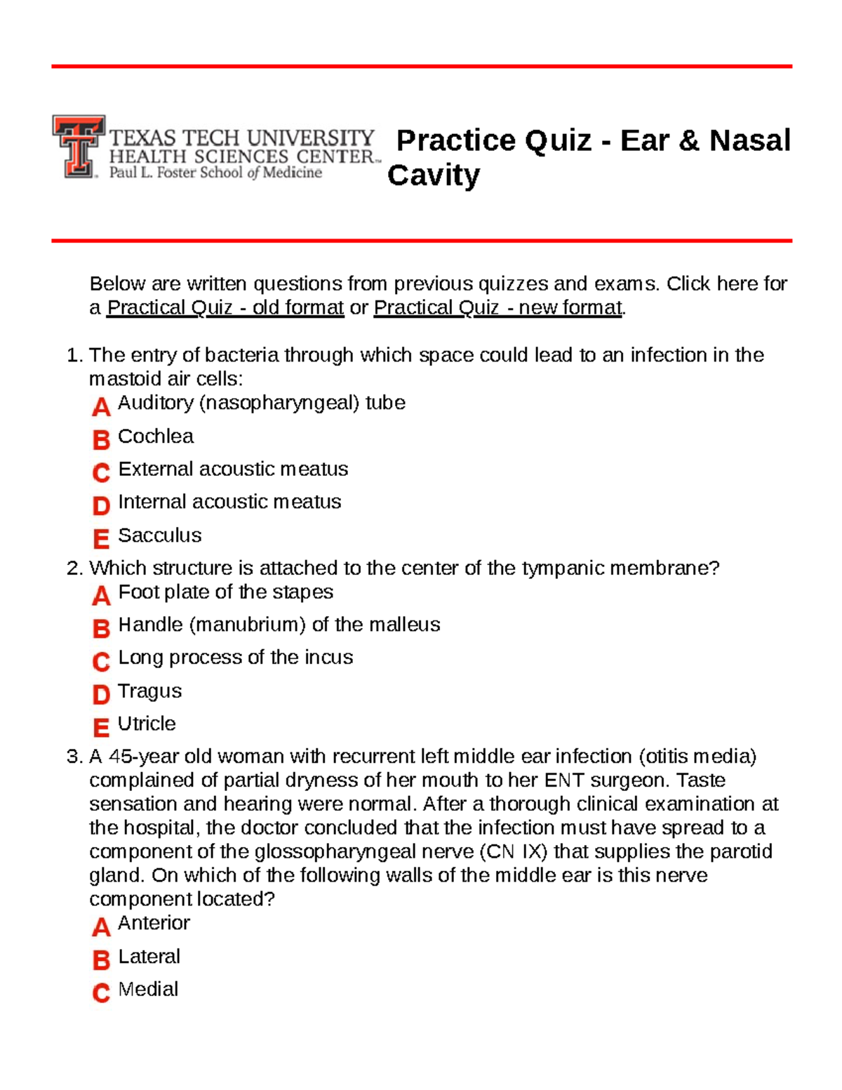 Practice Quiz - Ear & Nasal Cavity - Practice Quiz - Ear & Nasal Cavity ...