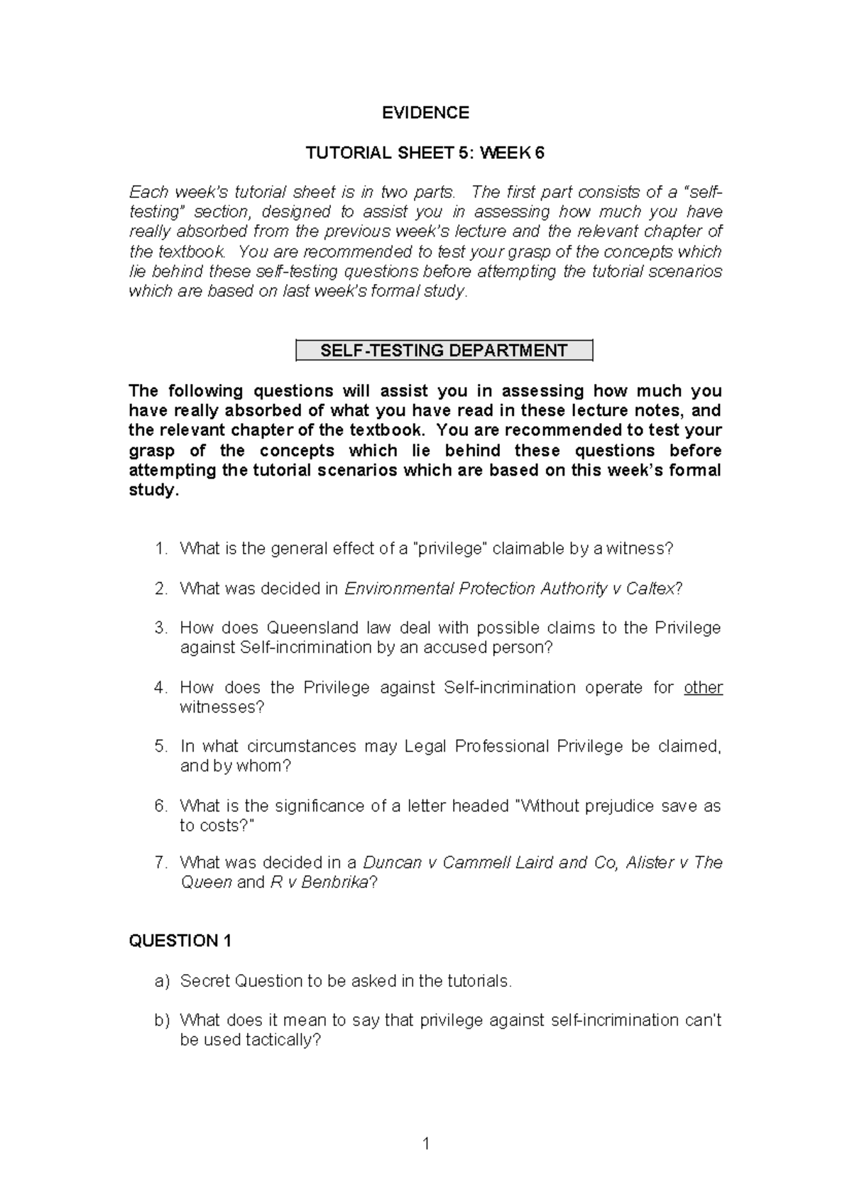 Evidence Tute 5 - EVIDENCE TUTORIAL SHEET 5: WEEK 6 Each week’s ...