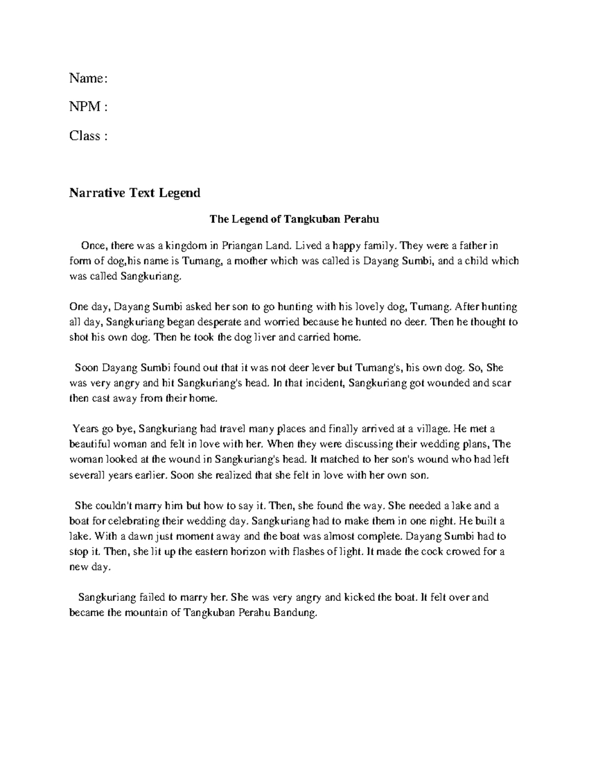 Narrative TEXT - Reading Assignment - Name: NPM : Class : Narrative ...