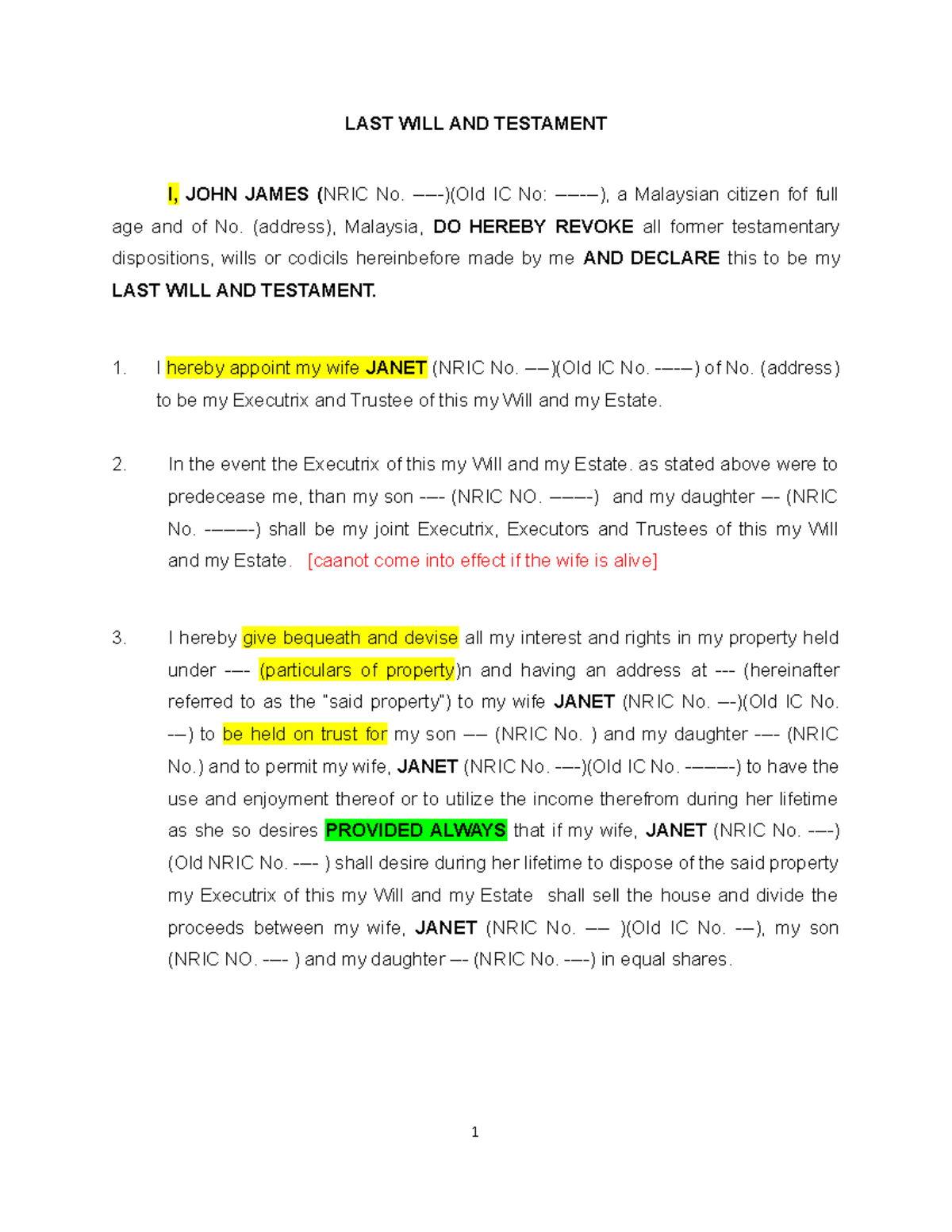 Sample Will I-2 - drafting example - LAST WILL AND TESTAMENT I, JOHN ...
