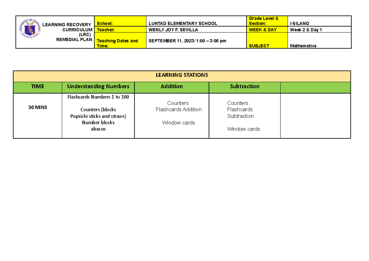 My remedial plan MAth day1week1 - LEARNING RECOVERY CURRICULUM (LRC ...