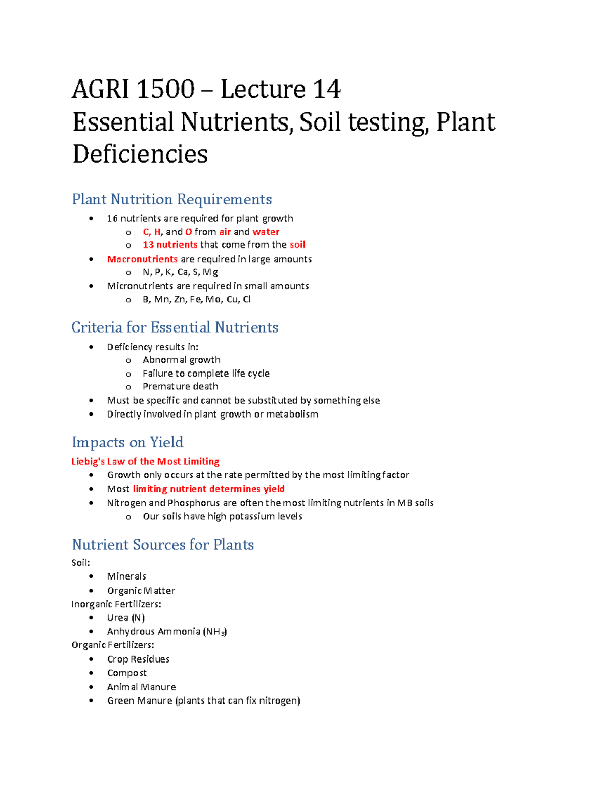 Lecture 14 - Essential Nutrients, Soil testing, Plant Deficiencies ...