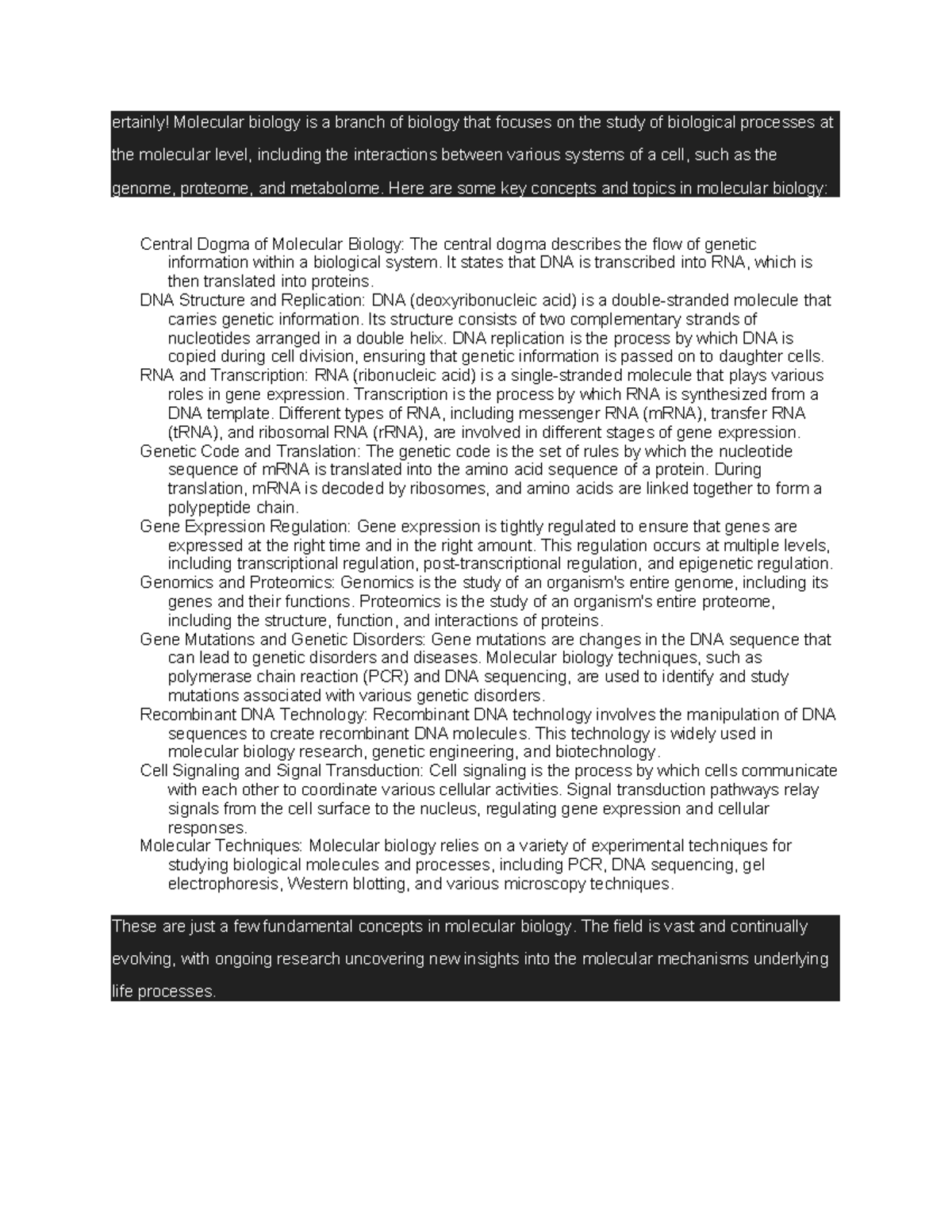 Molecular Biology Basis - ertainly! Molecular biology is a branch of ...