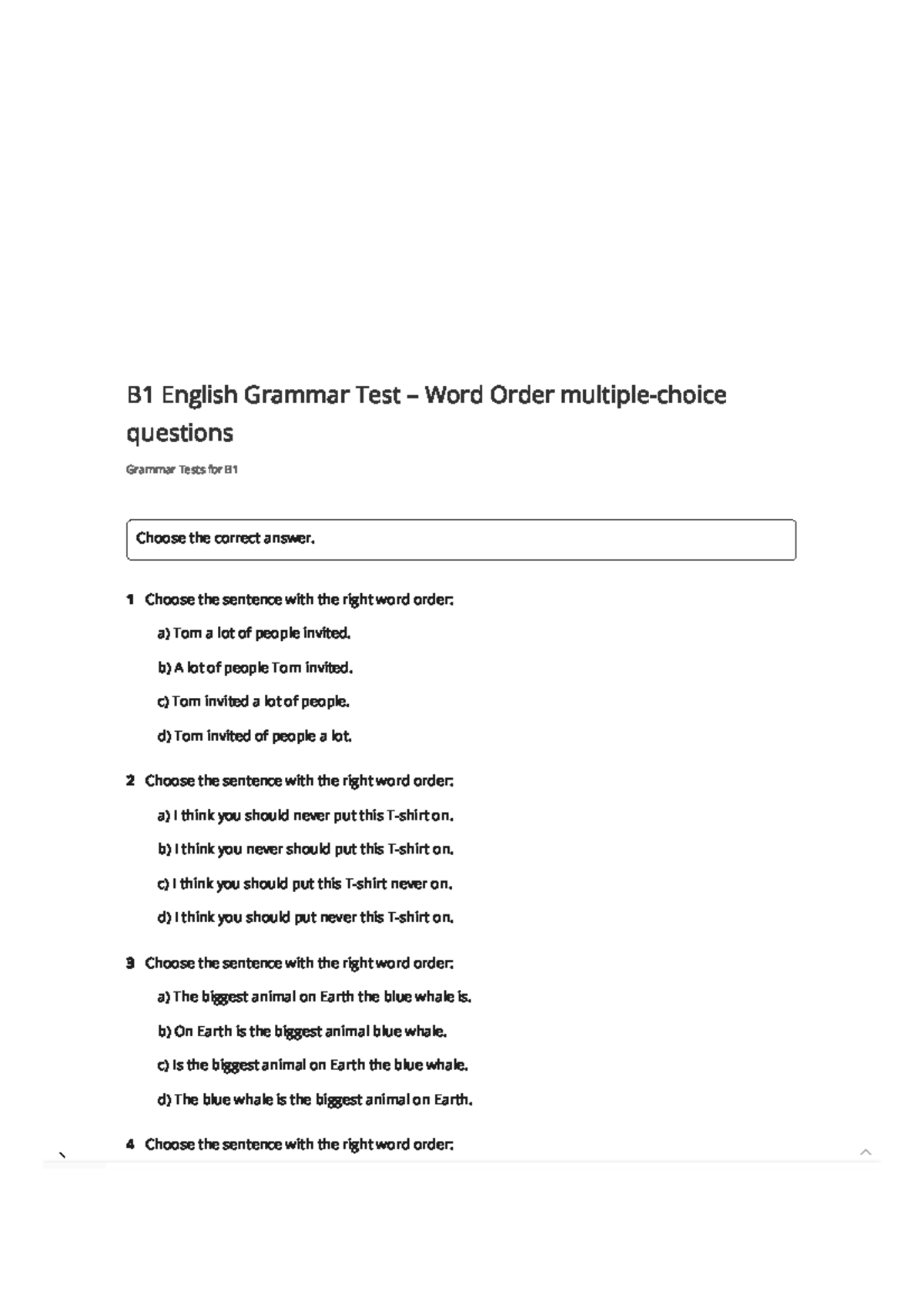 B1 English Grammar Test - Word Order multiple-choice questions ...