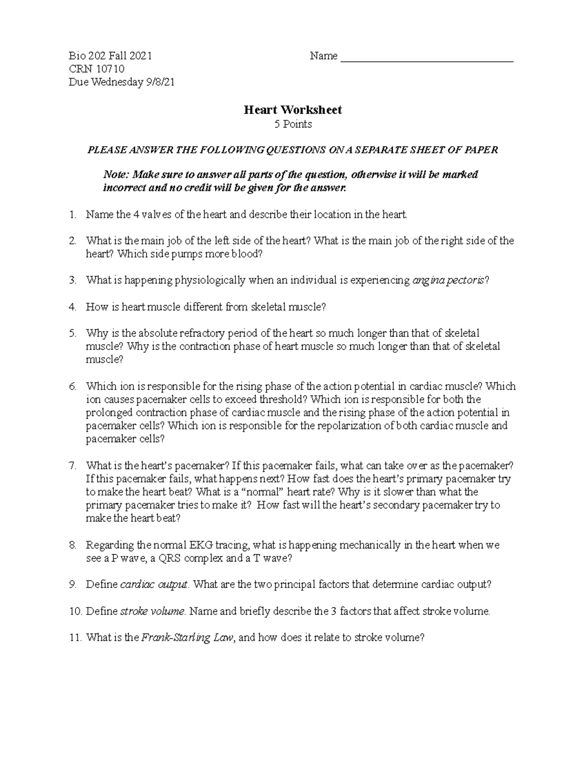 Heart Worksheet - Bio 202 Fall 2021 Name ...
