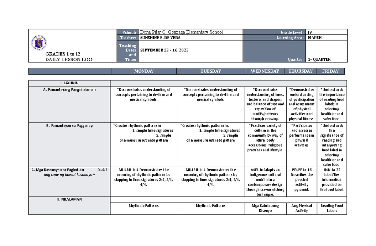 DLL in Mapeh - lesson plan - GRADES 1 to 12 DAILY LESSON LOG School ...