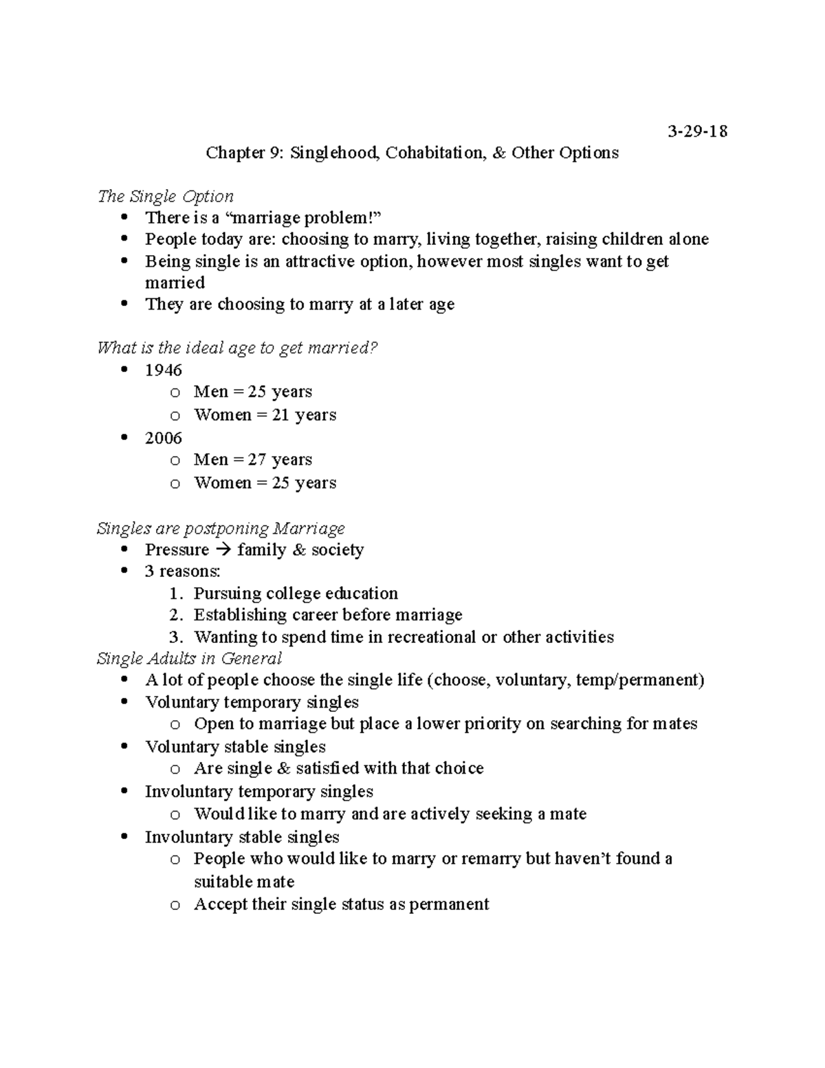 Chap 9 fmst 101 - Chapter 9: Singlehood, Cohabitation, Other Options ...