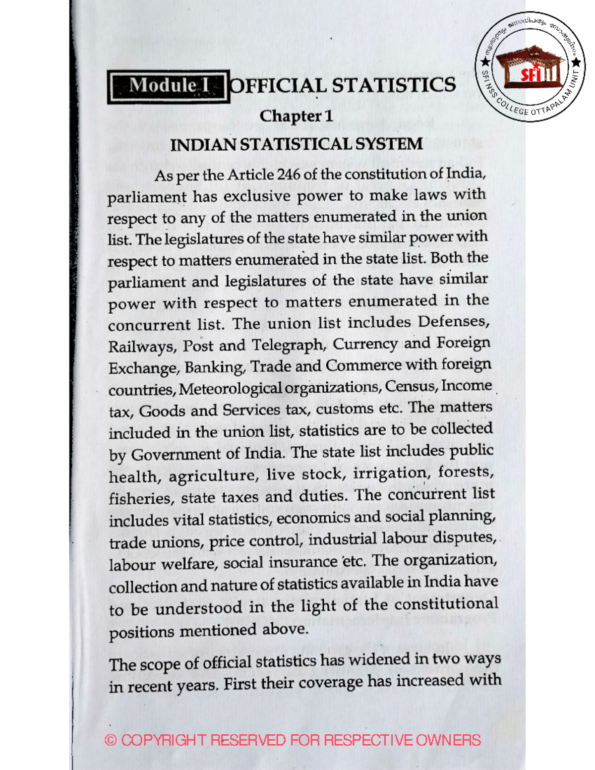 Stati module 1 chapter 1 - Bsc maths - © COPYRIGHT RESERVED FOR ...