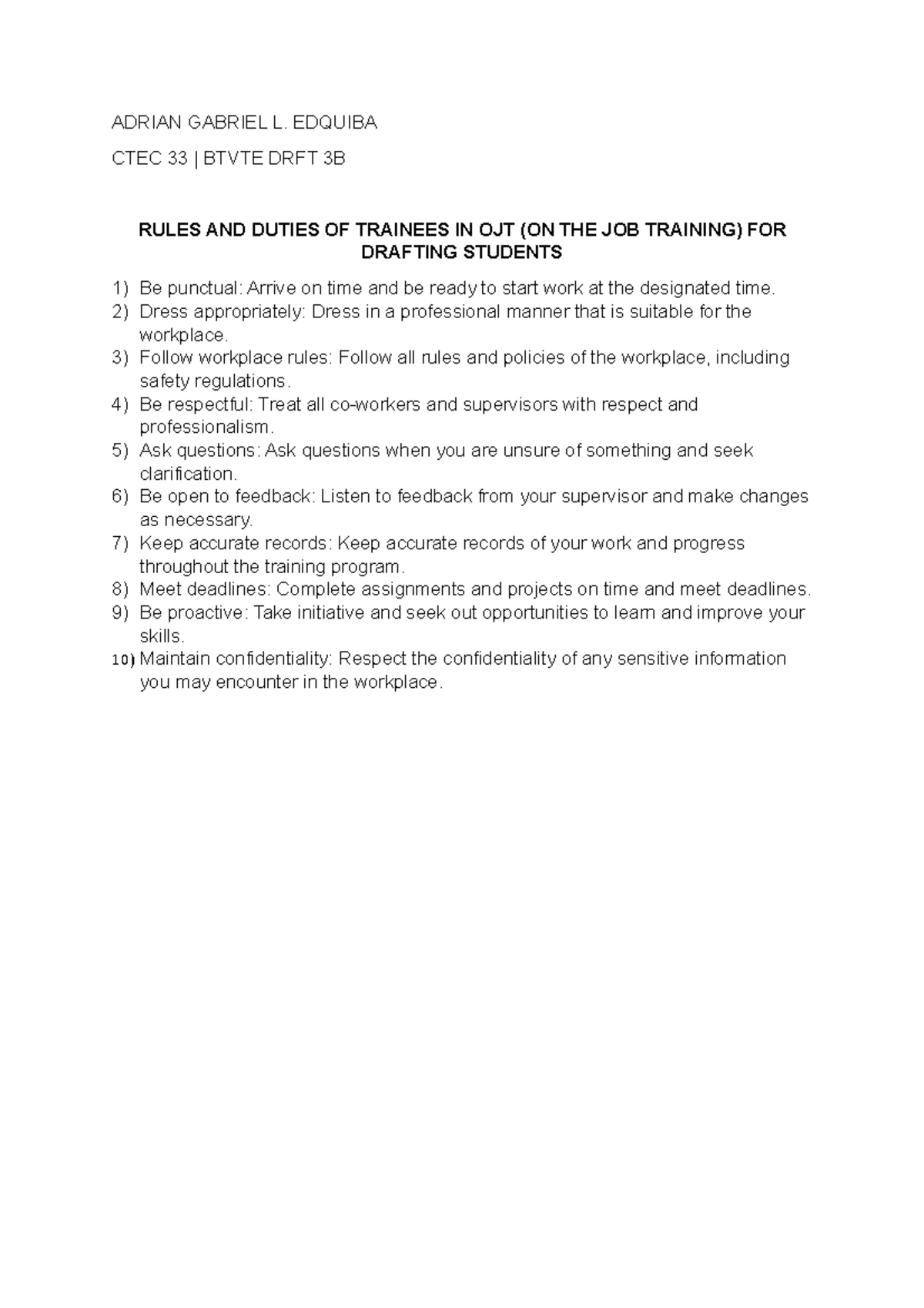 Rules AND Duties OF Trainees IN OJT (ON THE JOB Training) FOR Drafting ...