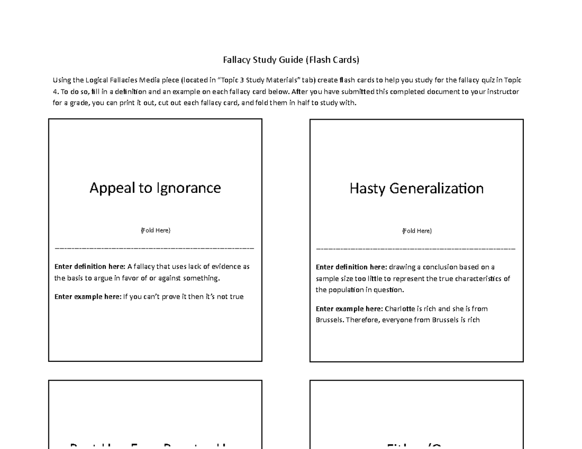 Fallacy Study Guide - To do so, fill in a definition and an example on ...