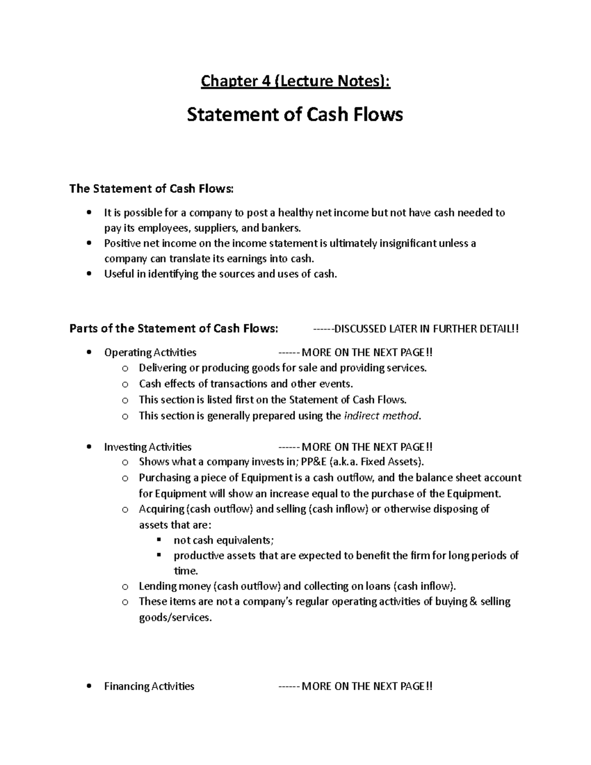 Ch. 4 Notes - Statement of Cash Flows - Chapter 4 (Lecture Notes ...
