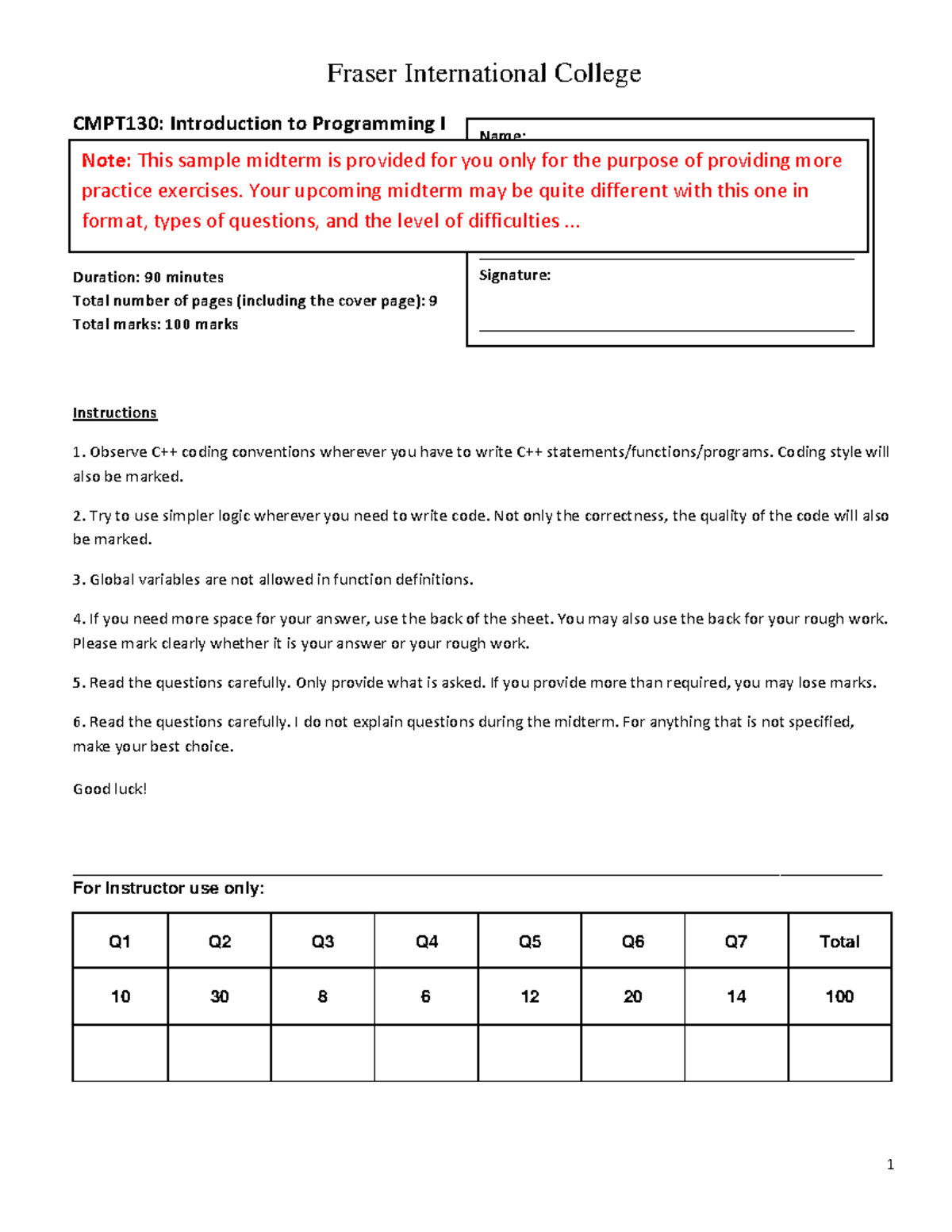 Midterm exam, questions - Fraser International College CMPT130: Introduction to Programming I ...