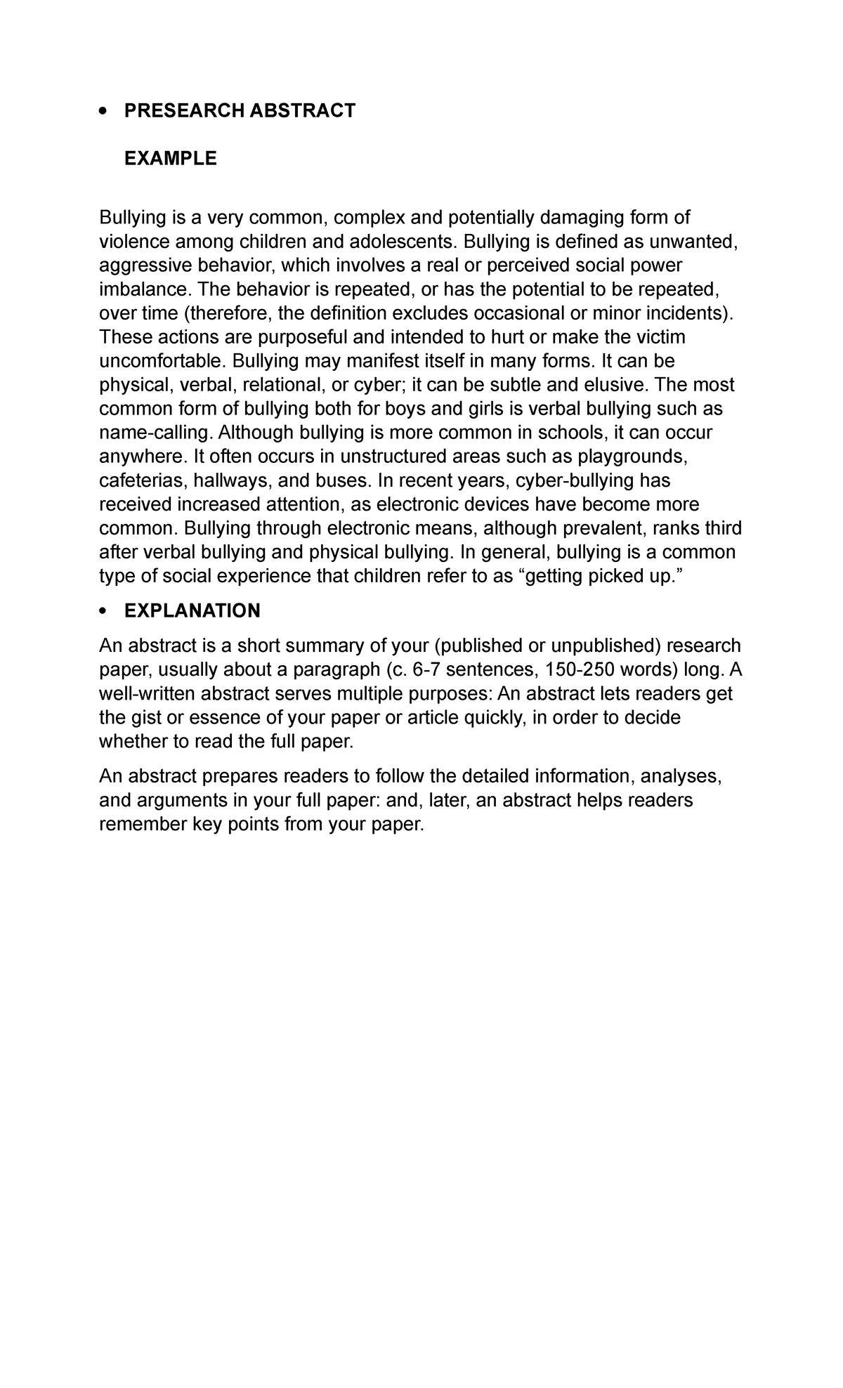 3i's - research abstract, etc. - PRESEARCH ABSTRACT EXAMPLE Bullying is ...